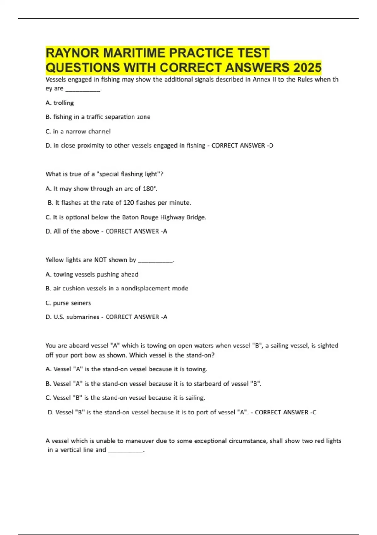 RAYNOR MARITIME PRACTICE TEST QUESTIONS WITH CORRECT ANSWERS 2025 ...