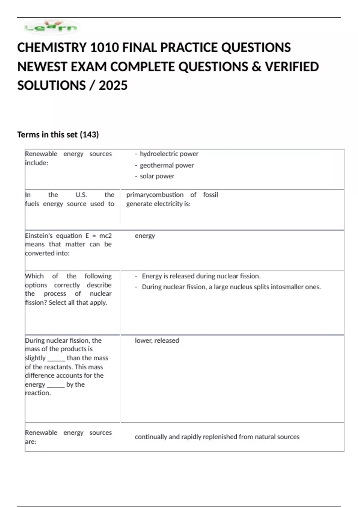 CHEMISTRY 1010 FINAL PRACTICE QUESTIONS NEWEST EXAM COMPLETE QUESTIONS ...