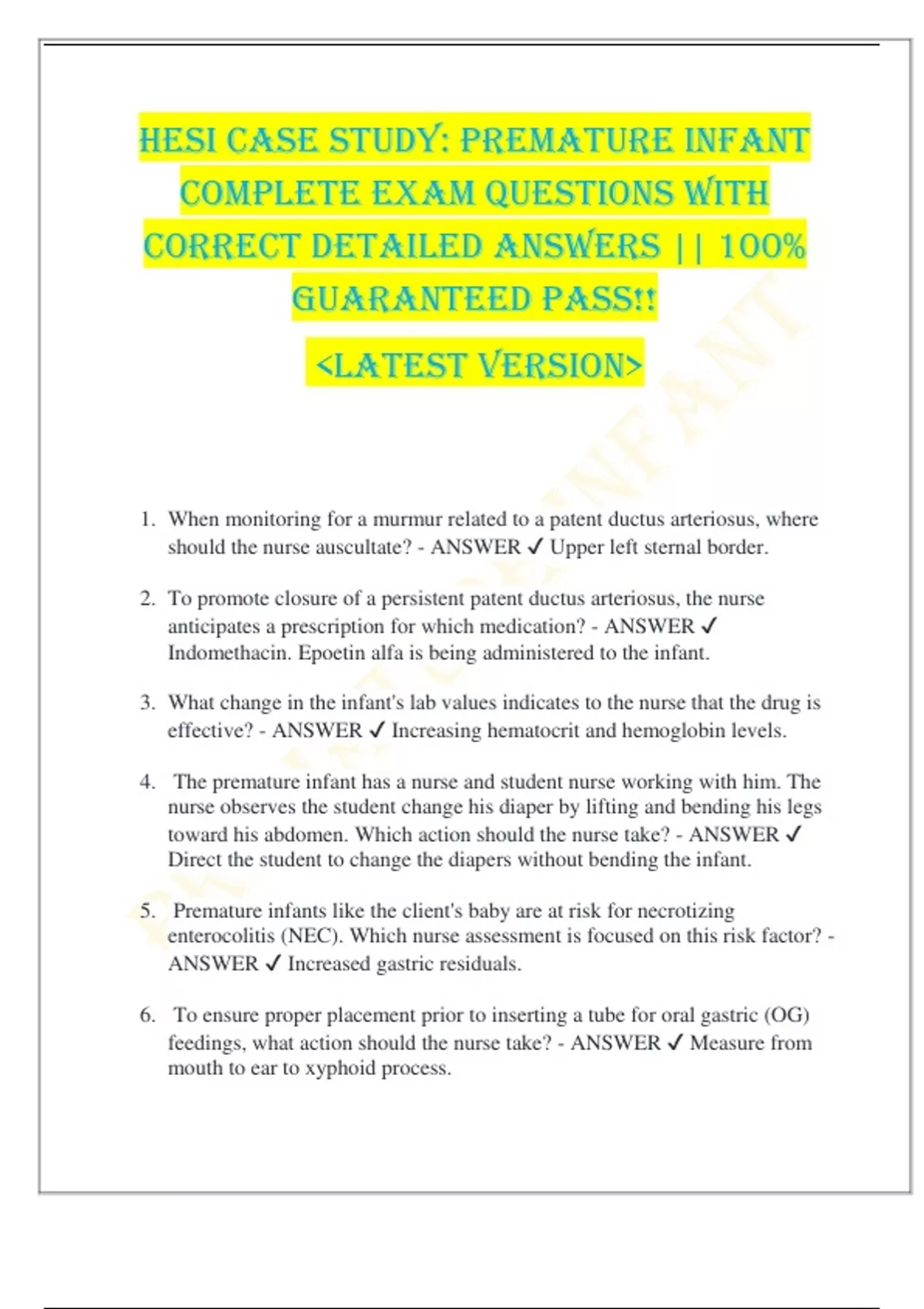 HESI Case Study: Premature Infant Complete Exam Questions with Correct ...