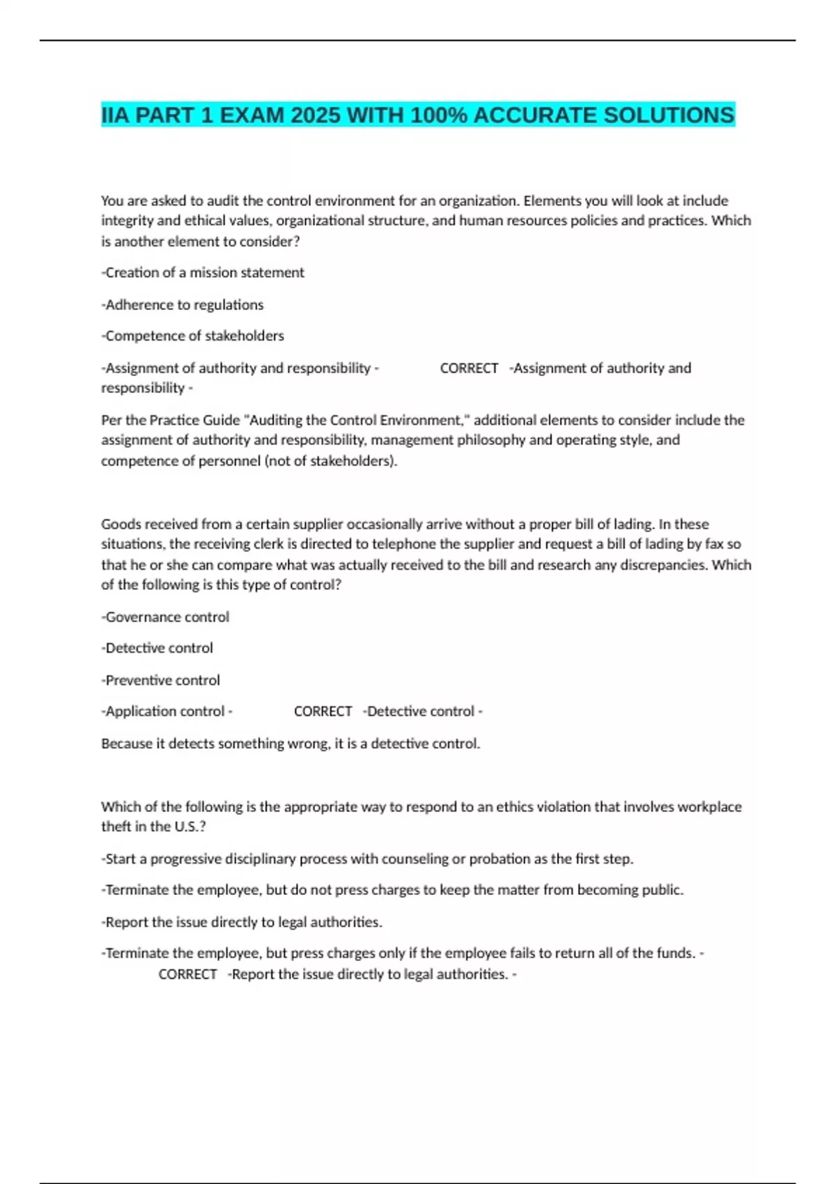 IIA PART 1 EXAM 2025 WITH 100% ACCURATE SOLUTIONS - IIA PART 1 - Stuvia US