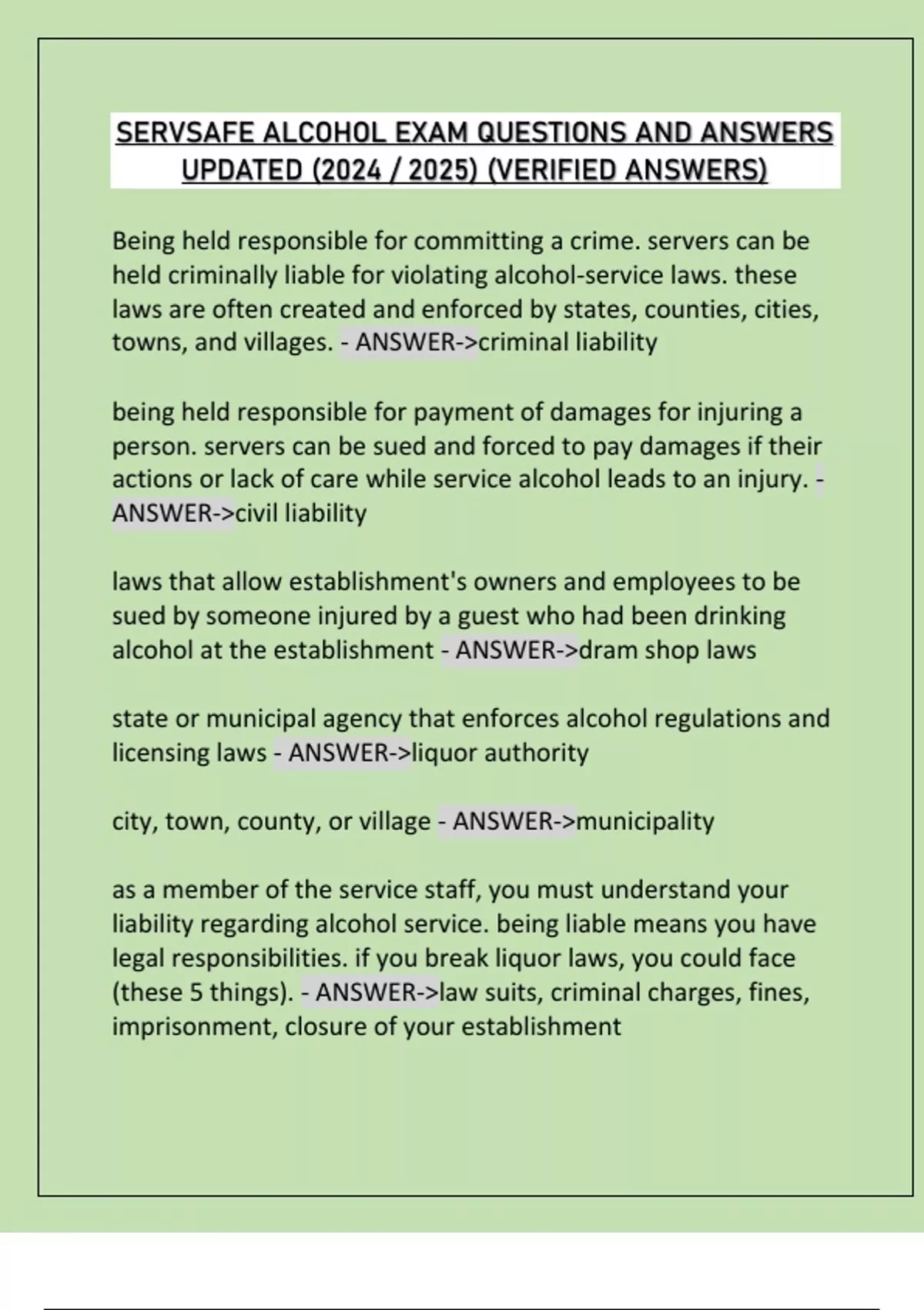 SERVSAFE ALCOHOL EXAM QUESTIONS AND ANSWERS UPDATED (2024 / 2025 ...