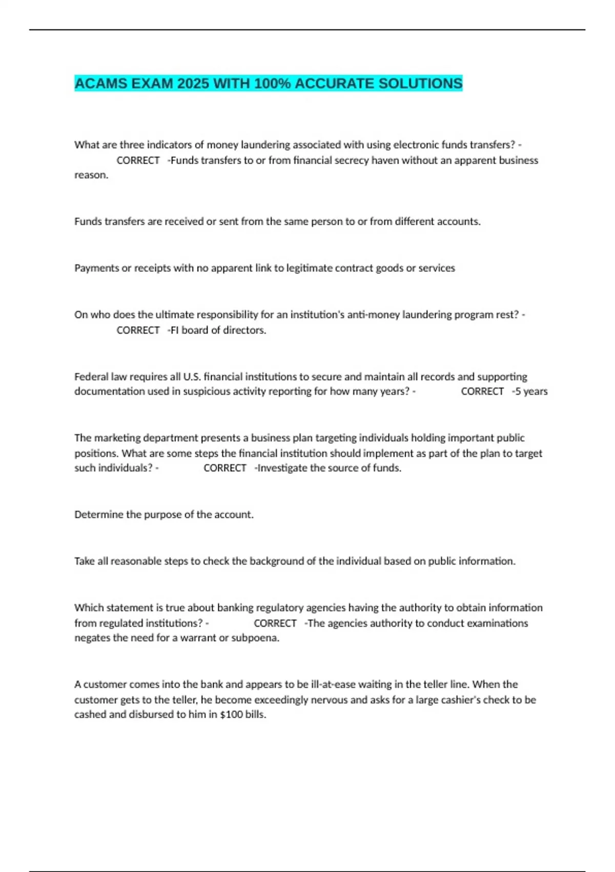 ACAMS EXAM 2025 WITH 100% ACCURATE SOLUTIONS - ACAMS - Stuvia US