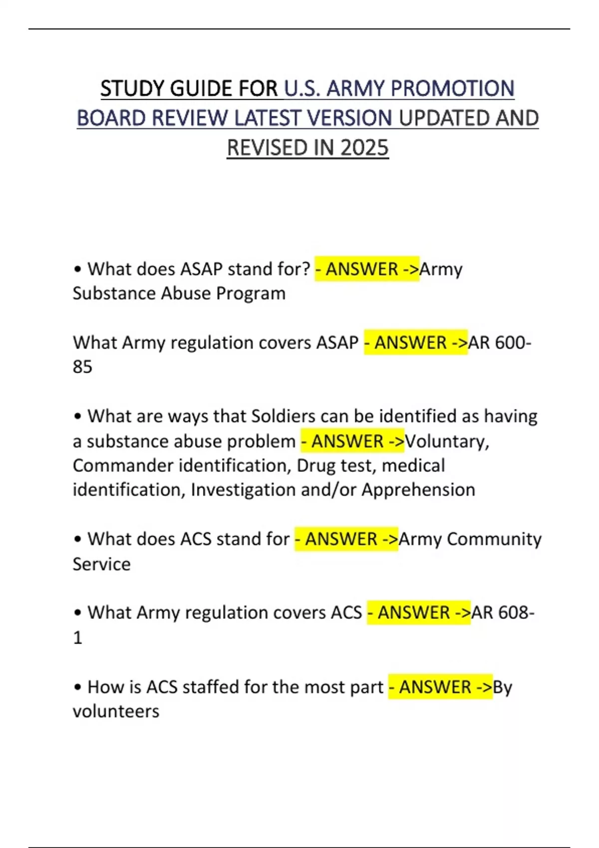 U.S. ARMY PROMOTION BOARD REVIEW LATEST VERSION UPDATED AND REVISED IN ...