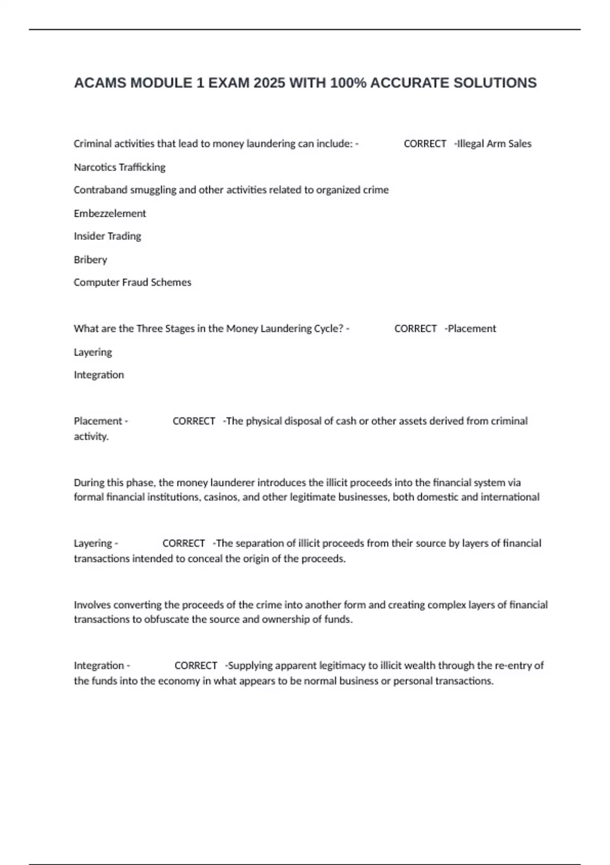 ACAMS MODULE 1 EXAM 2025 WITH 100% ACCURATE SOLUTIONS - ACAMS MODULE 1 ...
