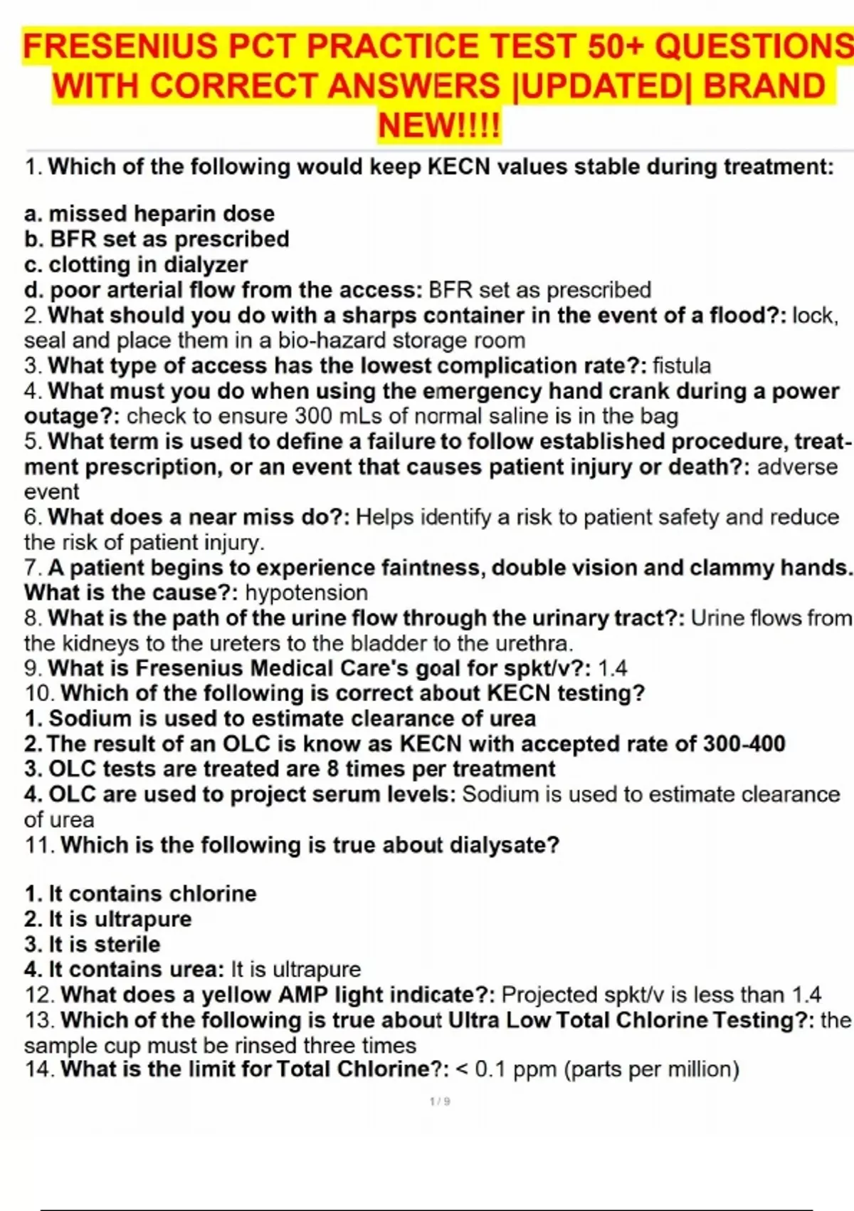FRESENIUS PCT PRACTICE TEST 50+ QUESTIONS WITH CORRECT ANSWERS |UPDATED ...