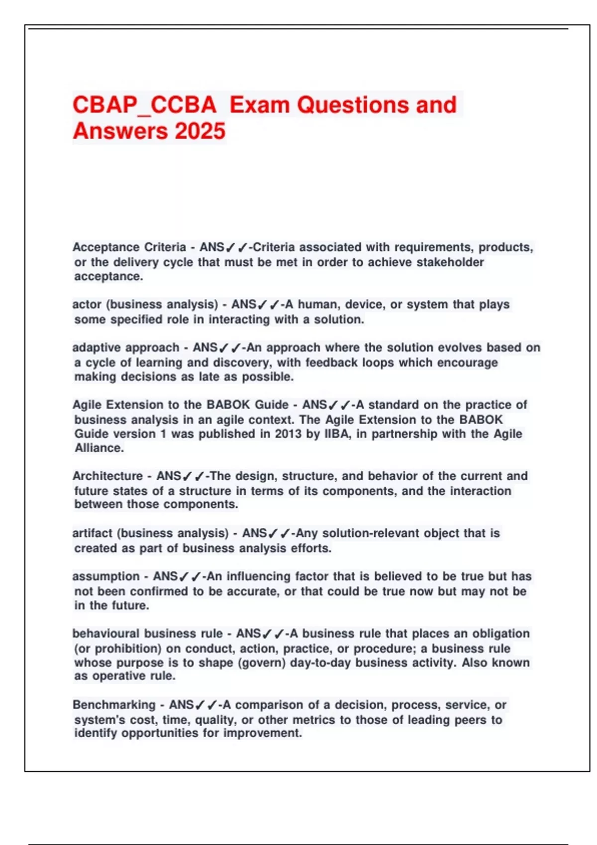 CBAP_CCBA Exam Questions and Answers 2025. - CBAP - Stuvia US