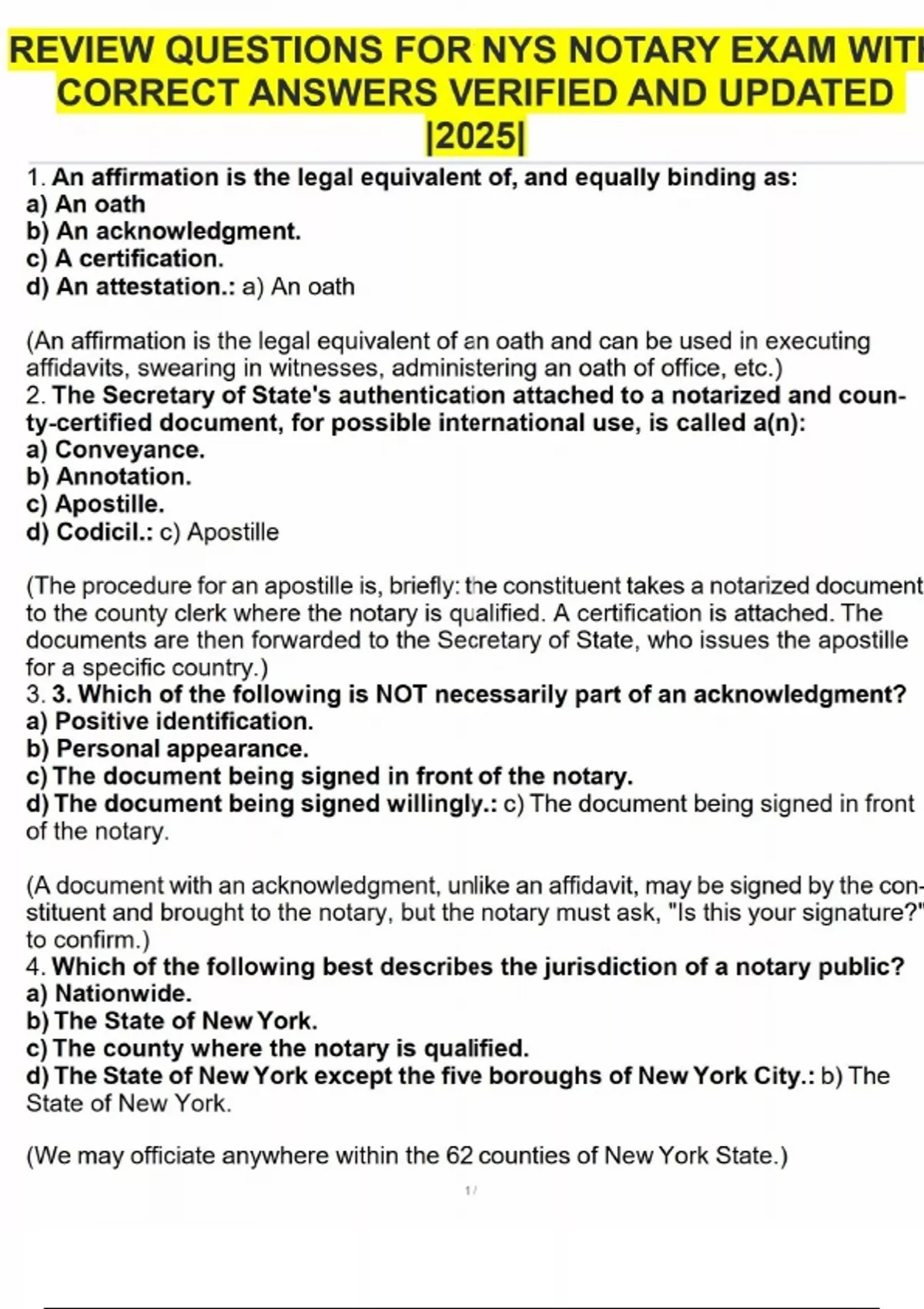 REVIEW QUESTIONS FOR NYS NOTARY EXAM WITH CORRECT ANSWERS VERIFIED AND ...
