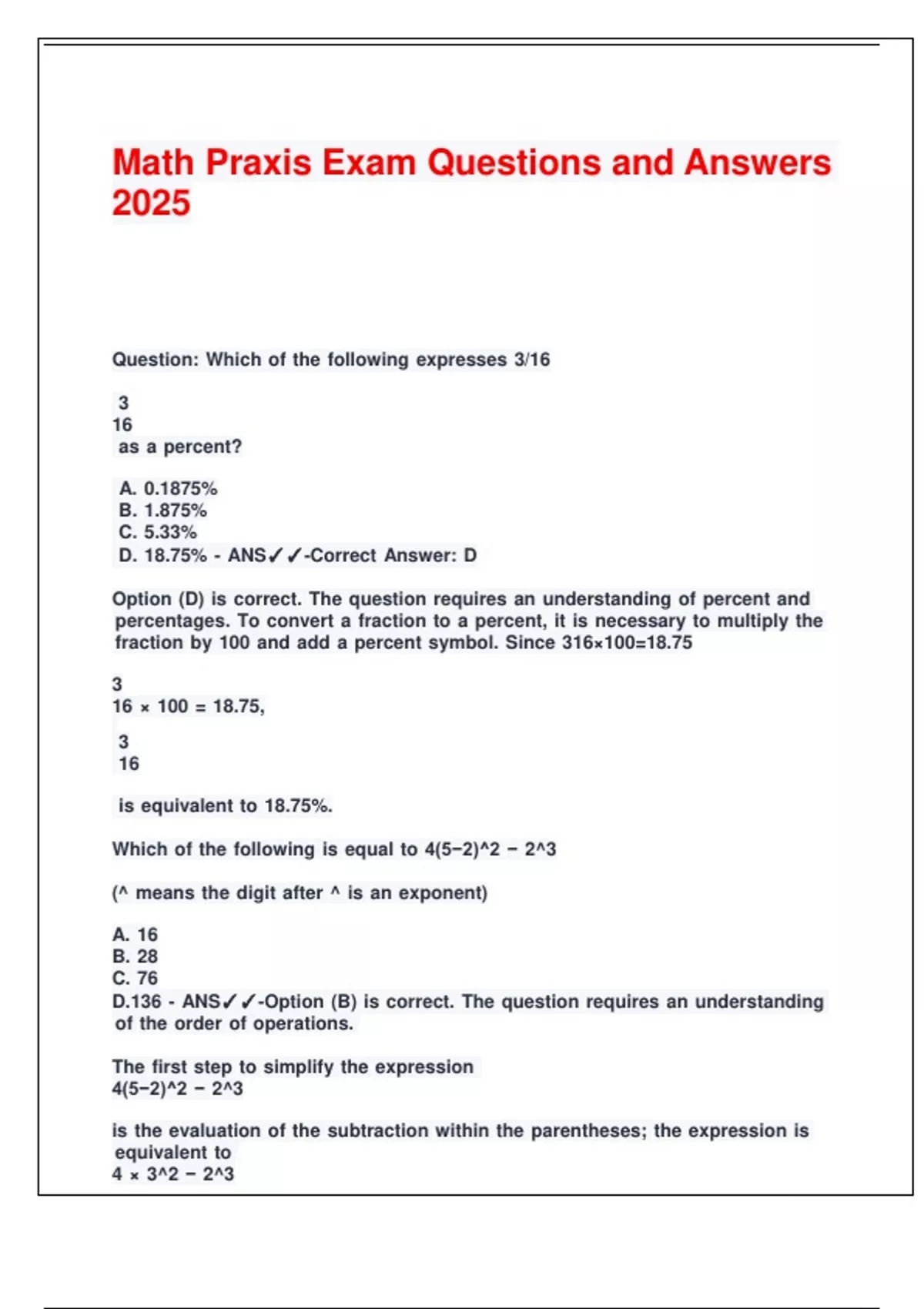 Praxis II Math (5003) Exam Questions and Answers 2025. - Praxis ...