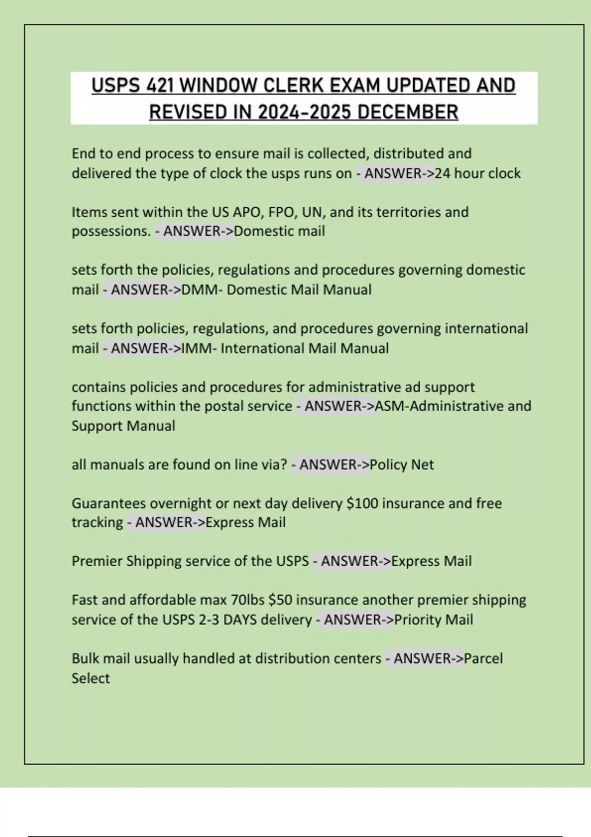 USPS 421 POSTAL EXAM QUESTIONS AND ANSWERS LATEST VERSION UPDATED AND ...