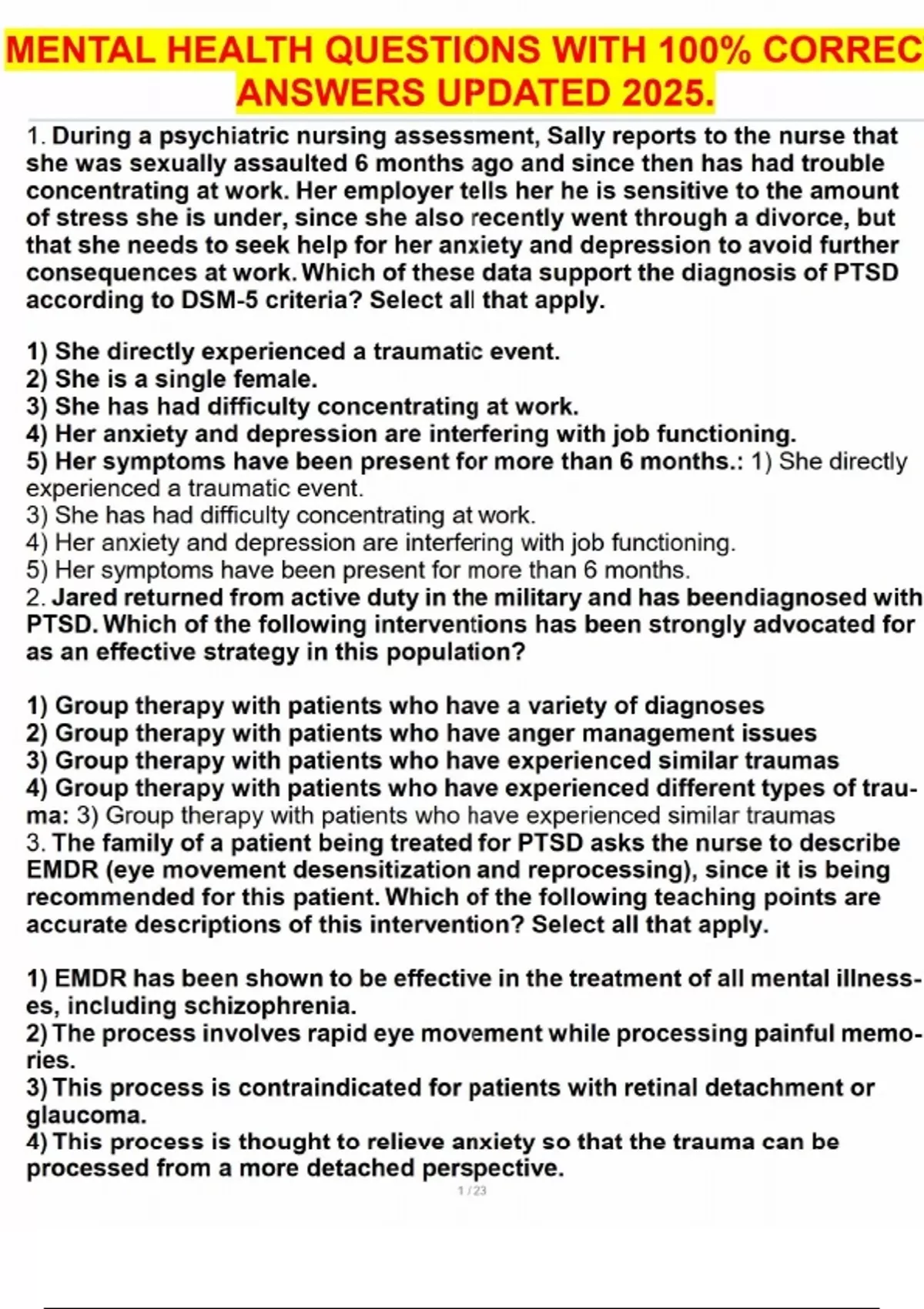 MENTAL HEALTH QUESTIONS WITH 100% CORRECT ANSWERS UPDATED 2025 ...