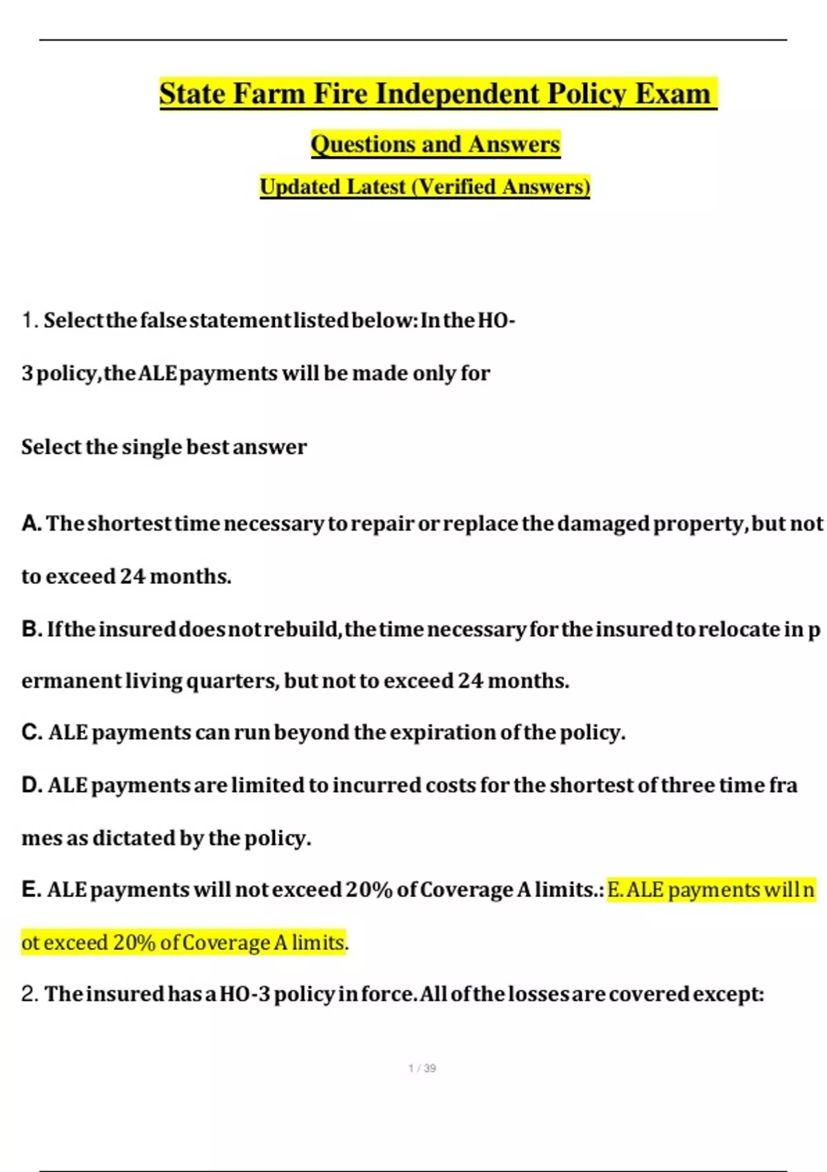 State Farm Fire Independent Policy Exam 2025 Questions And Answers ...