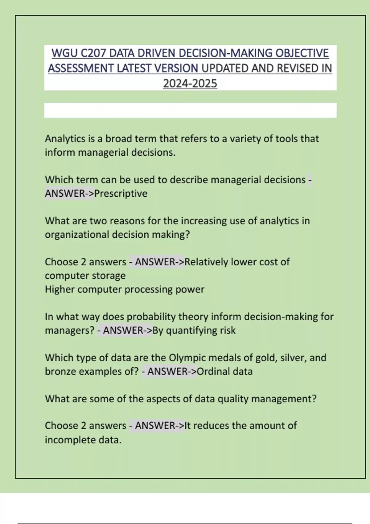 WGU C207 DATA DRIVEN DECISION-MAKING OBJECTIVE ASSESSMENT LATEST ...