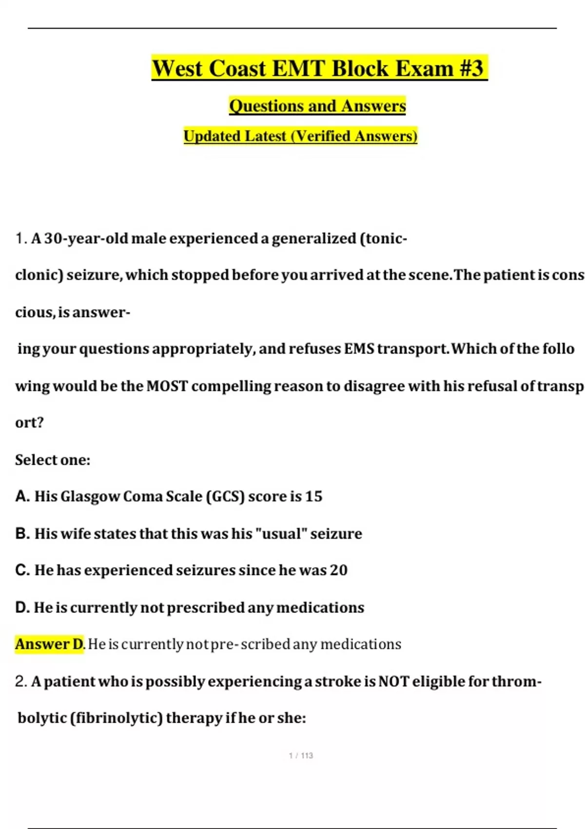 West Coast EMT Block Exam #3 |2025 Questions with Correct Answers ...