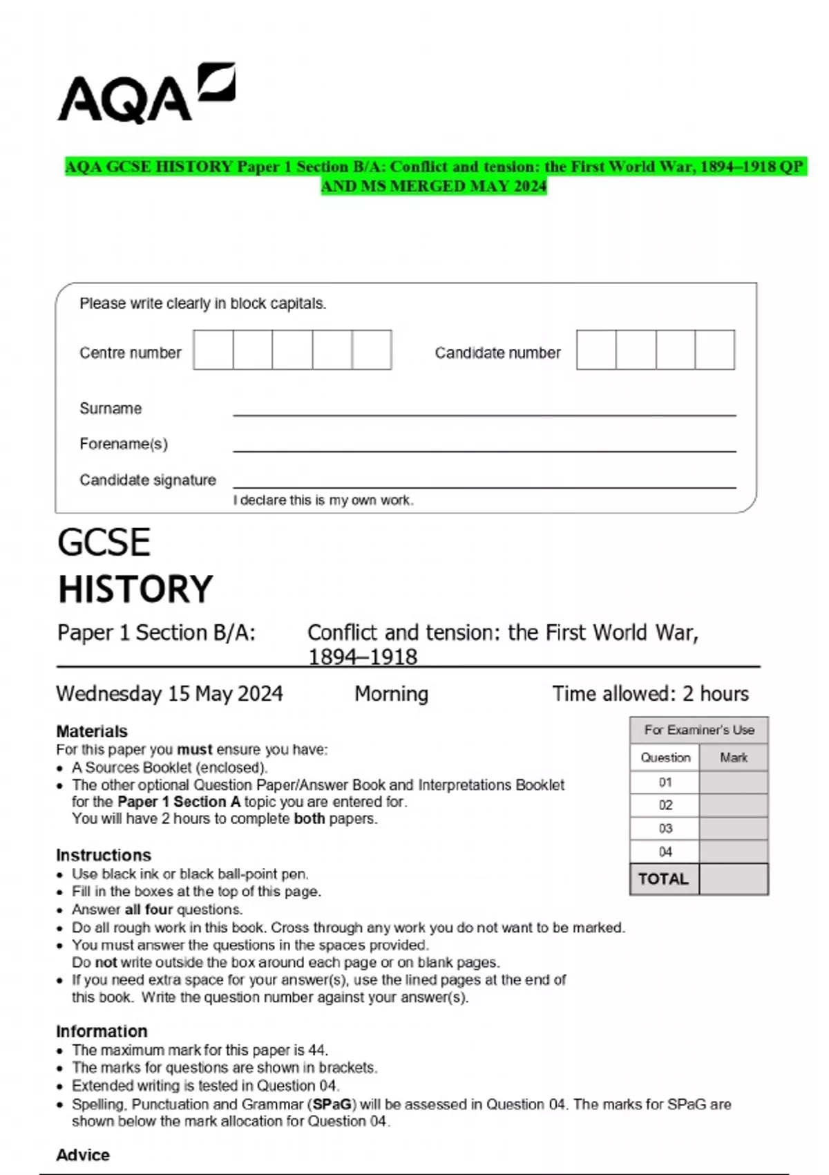 AQA GCSE HISTORY Paper 1 Section B/A: Conflict and tension: the First ...