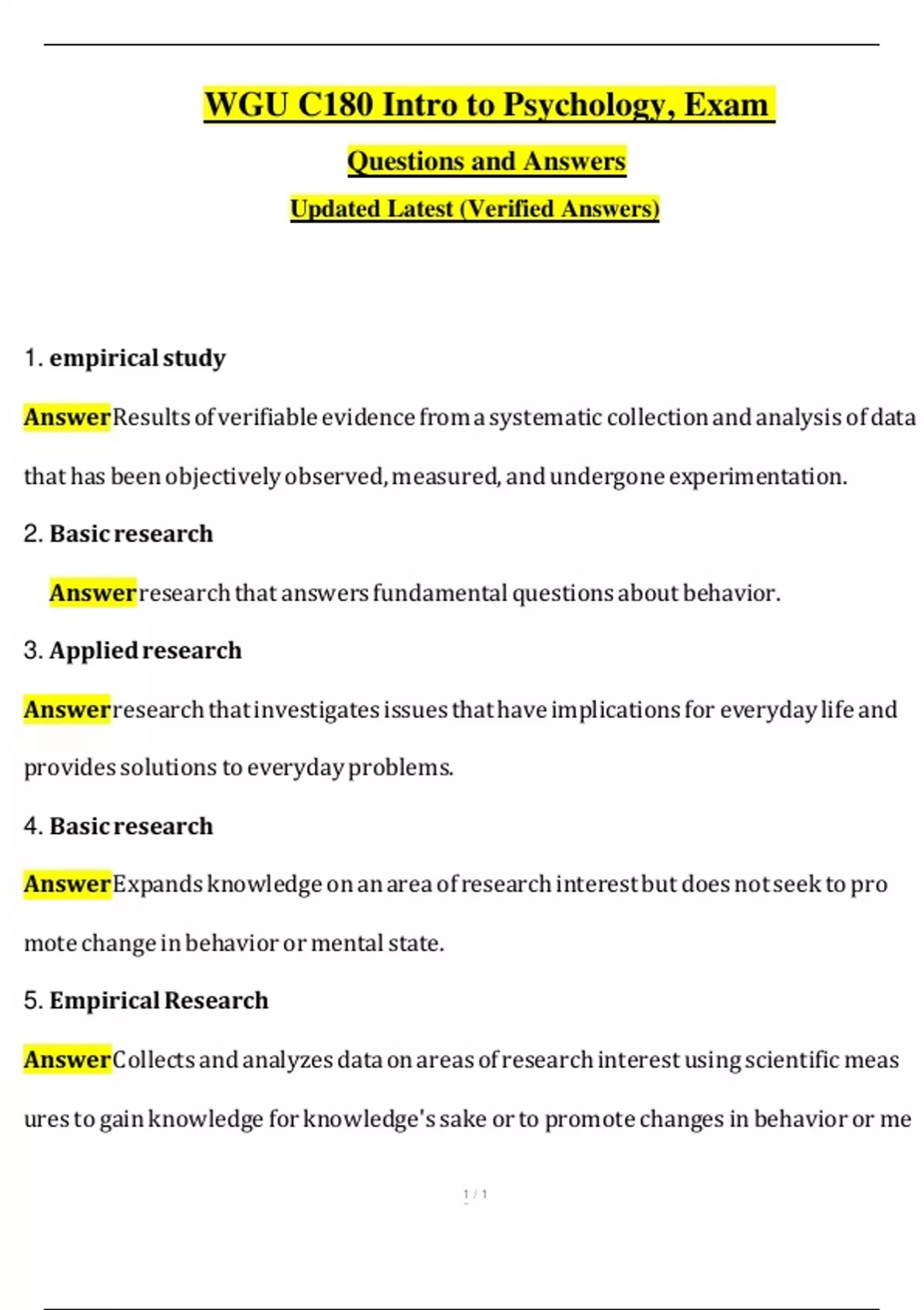 WGU C180 Intro to Psychology, Exam 2025 Questions and answers,Latest ...