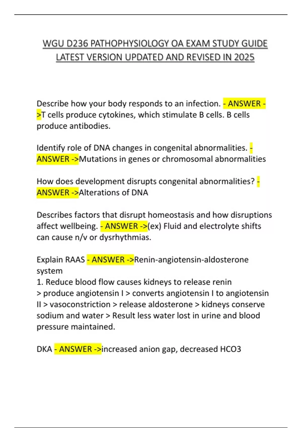 WGU D236 PATHOPHYSIOLOGY OA EXAM STUDY GUIDE LATEST VERSION UPDATED AND ...