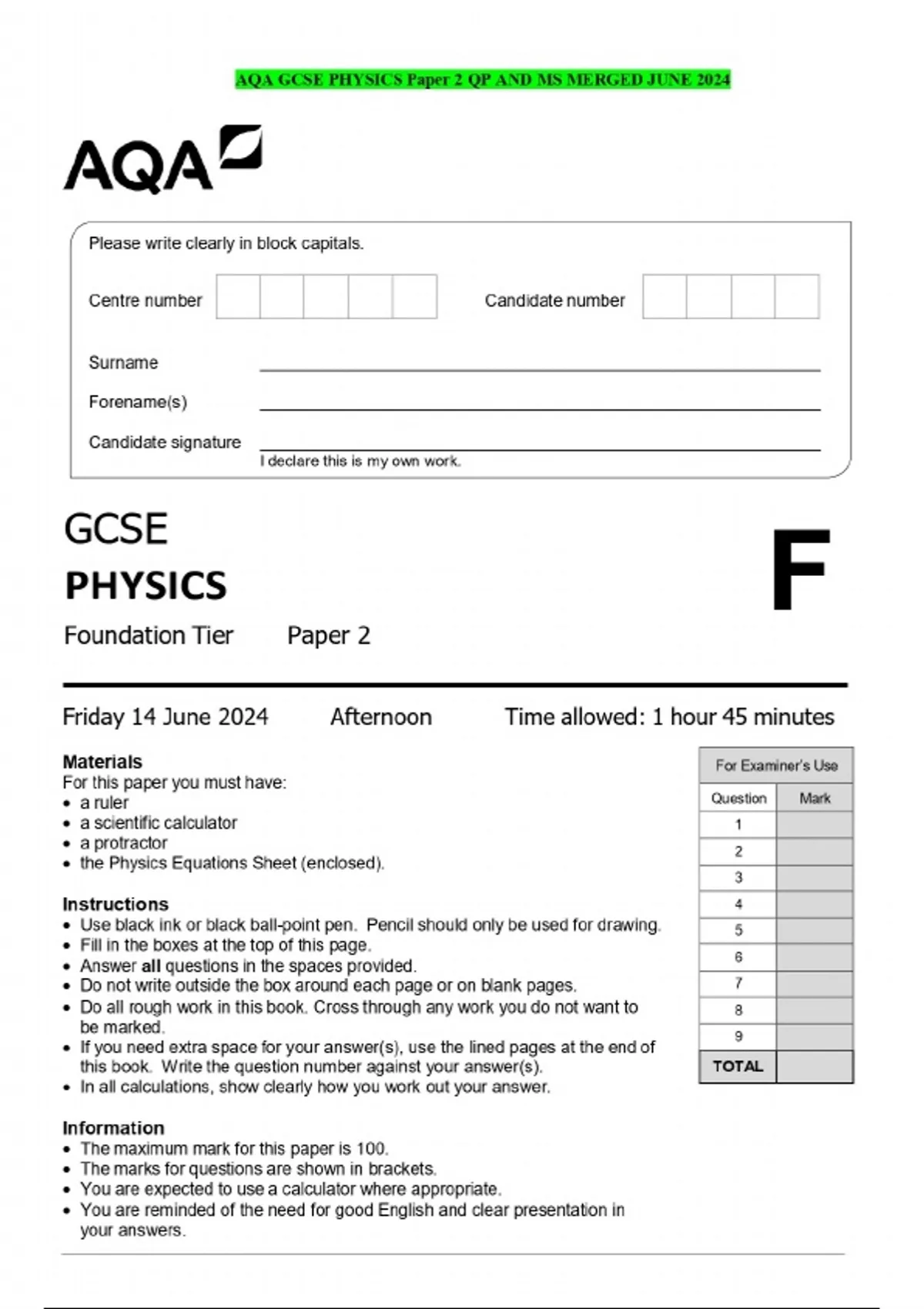 AQA GCSE PHYSICS Paper 2 QP AND MS MERGED JUNE 2024 - AQA - Stuvia US