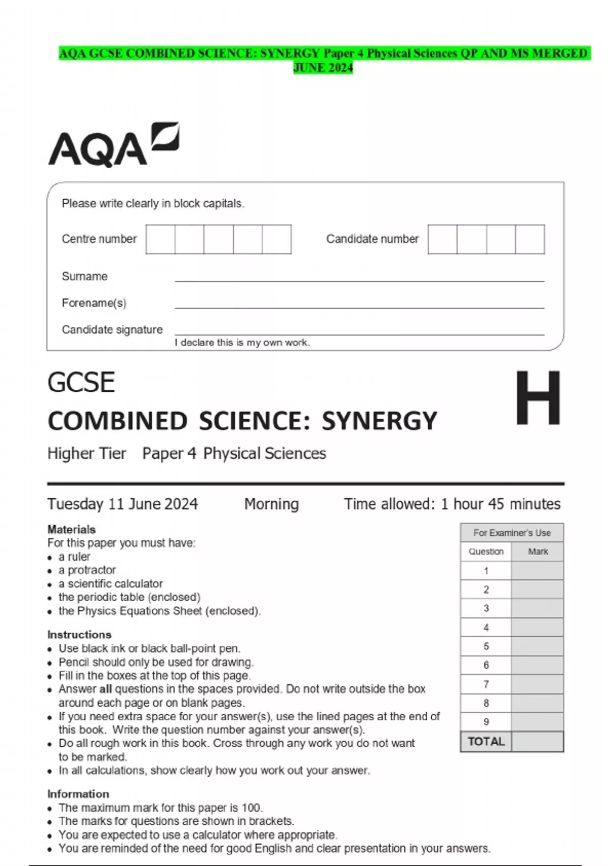 AQA GCSE COMBINED SCIENCE: SYNERGY Paper 4 Physical Sciences QP AND MS ...