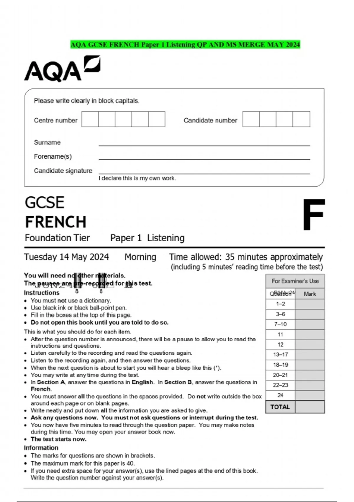 AQA GCSE FRENCH Paper 1 Listening QP AND MS MERGE MAY 2024 - AQA ...