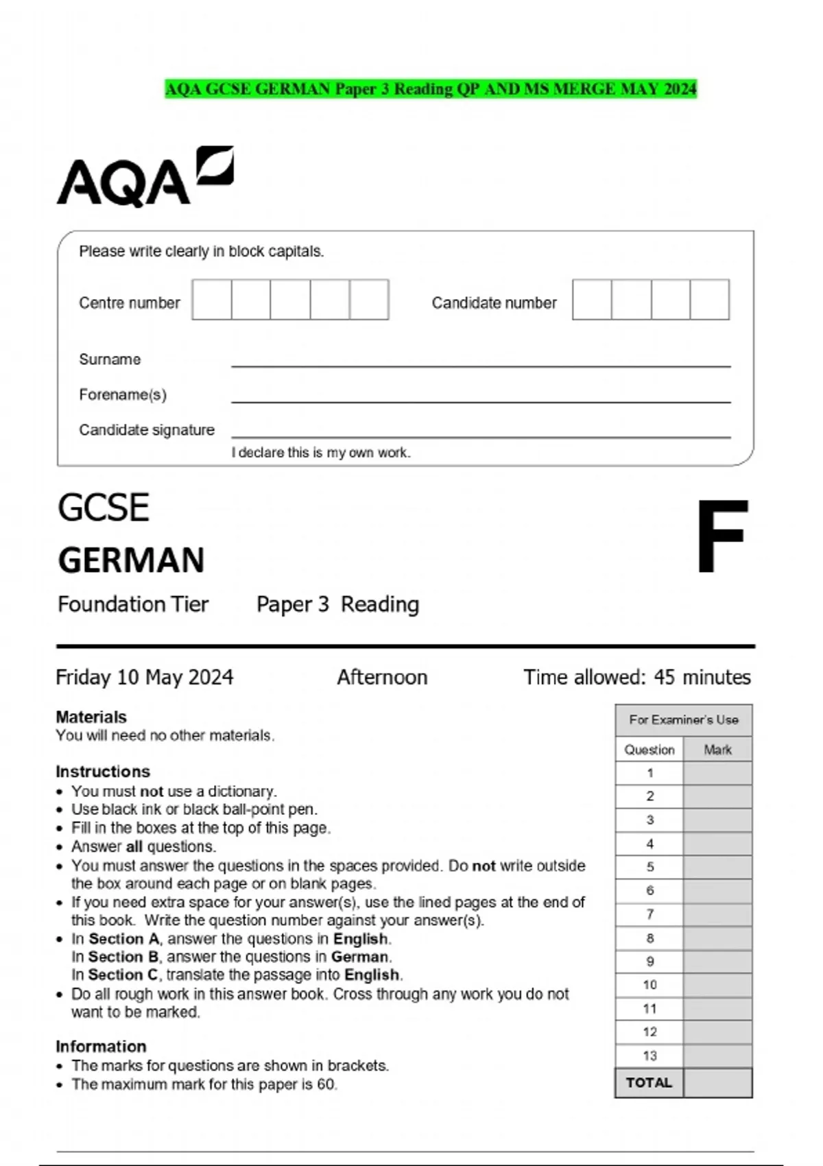 AQA GCSE GERMAN Paper 3 Reading QP AND MS MERGE MAY 2024 - AQA - Stuvia US