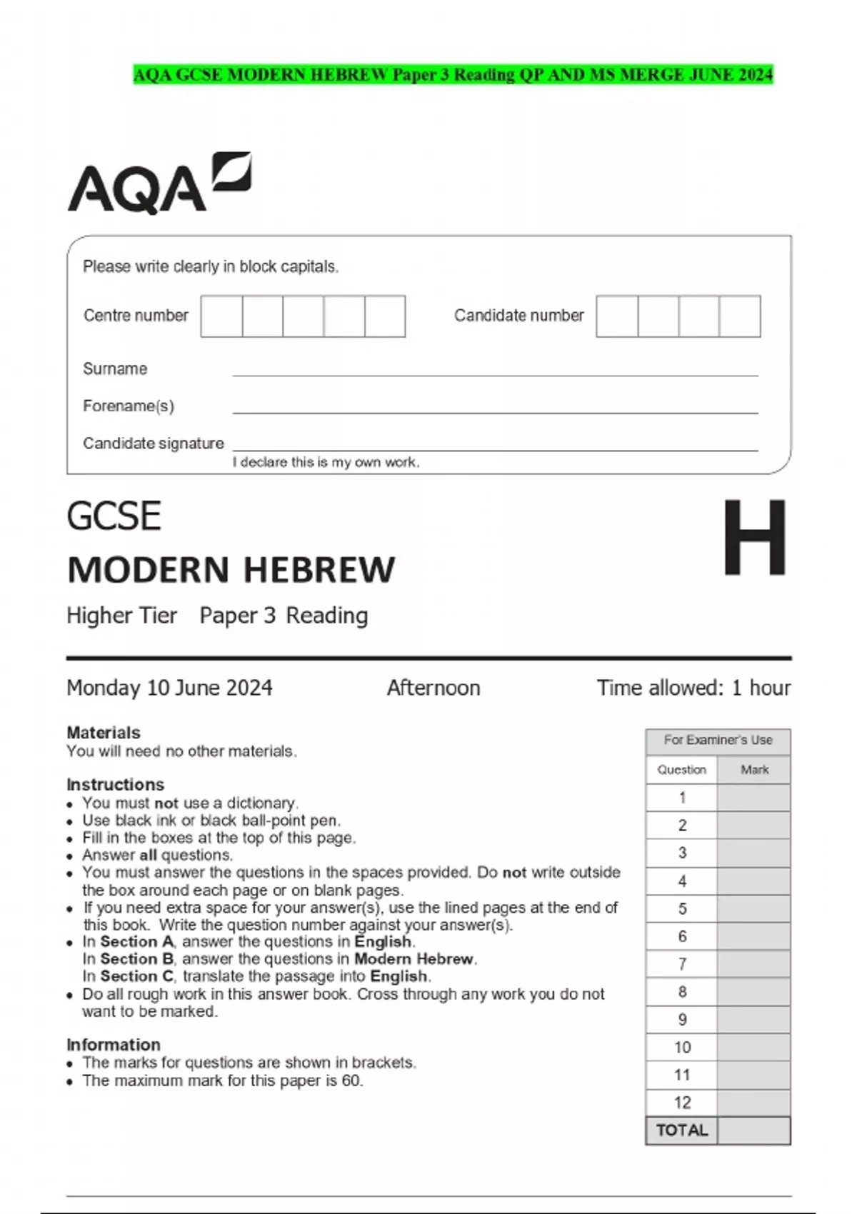 AQA GCSE MODERN HEBREW Paper 3 Reading QP AND MS MERGE JUNE 2024 - AQA ...