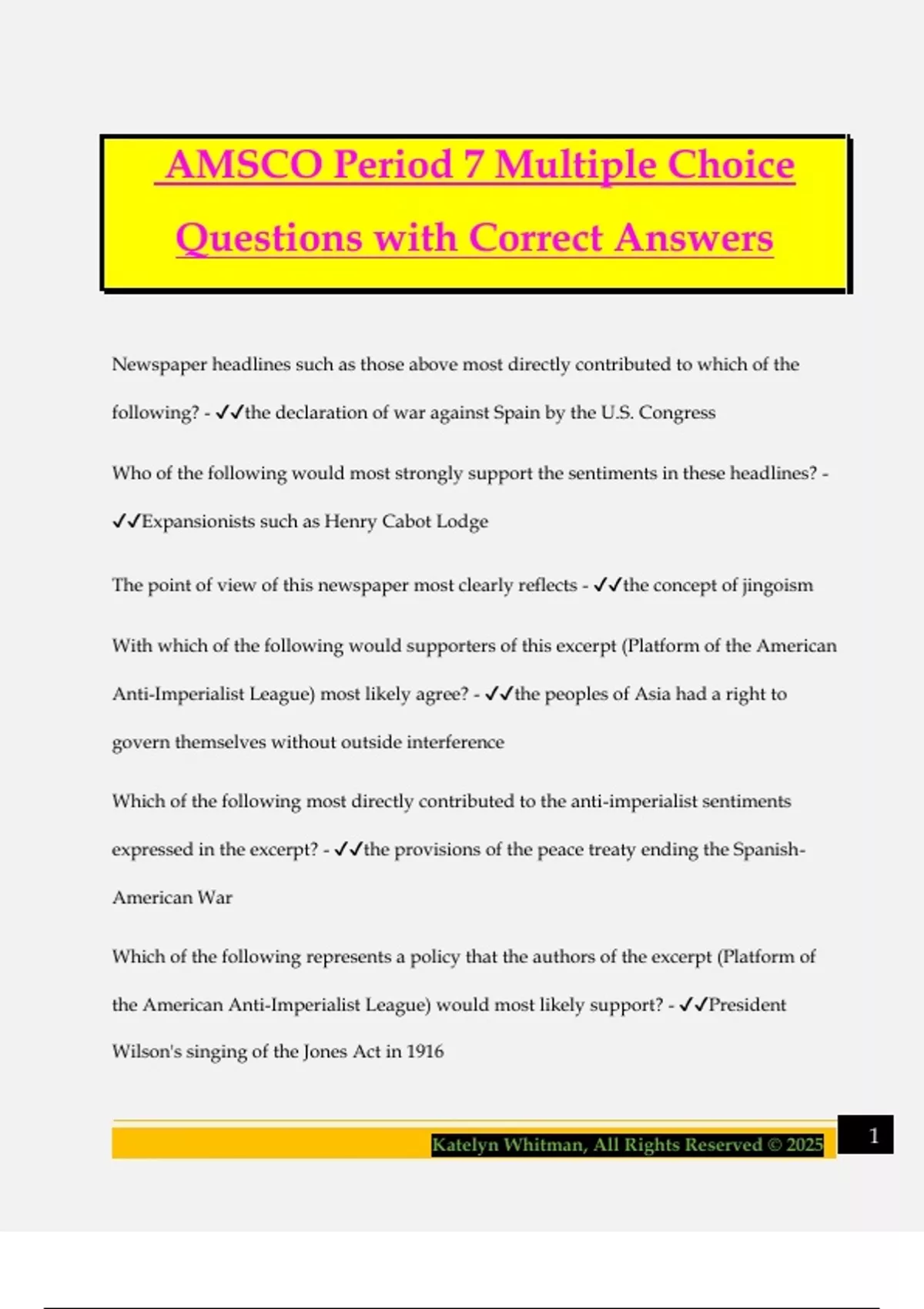 AMSCO Period 7 Multiple Choice Questions with Correct Answers - APUSH AMSCO - Stuvia US