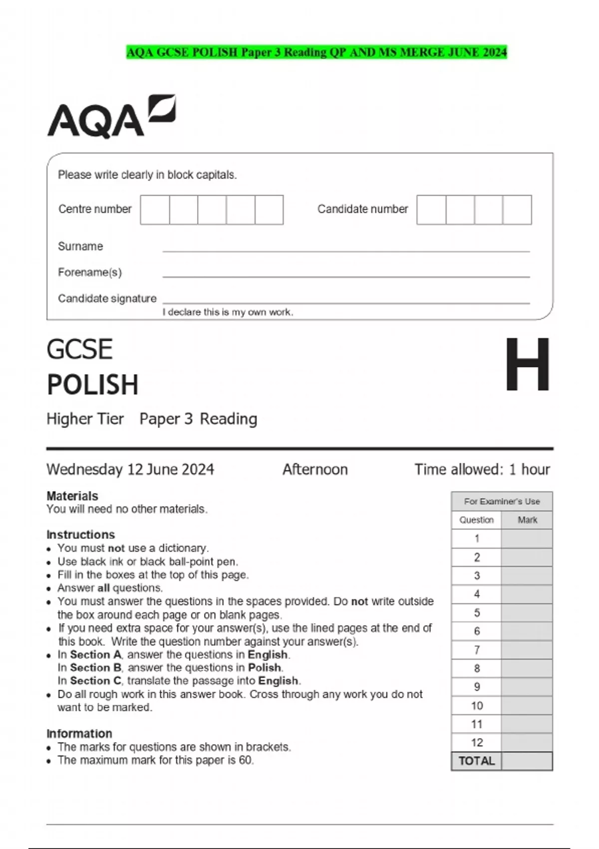 AQA GCSE POLISH Paper 3 Reading QP AND MS MERGE JUNE 2024 - AQA - Stuvia US