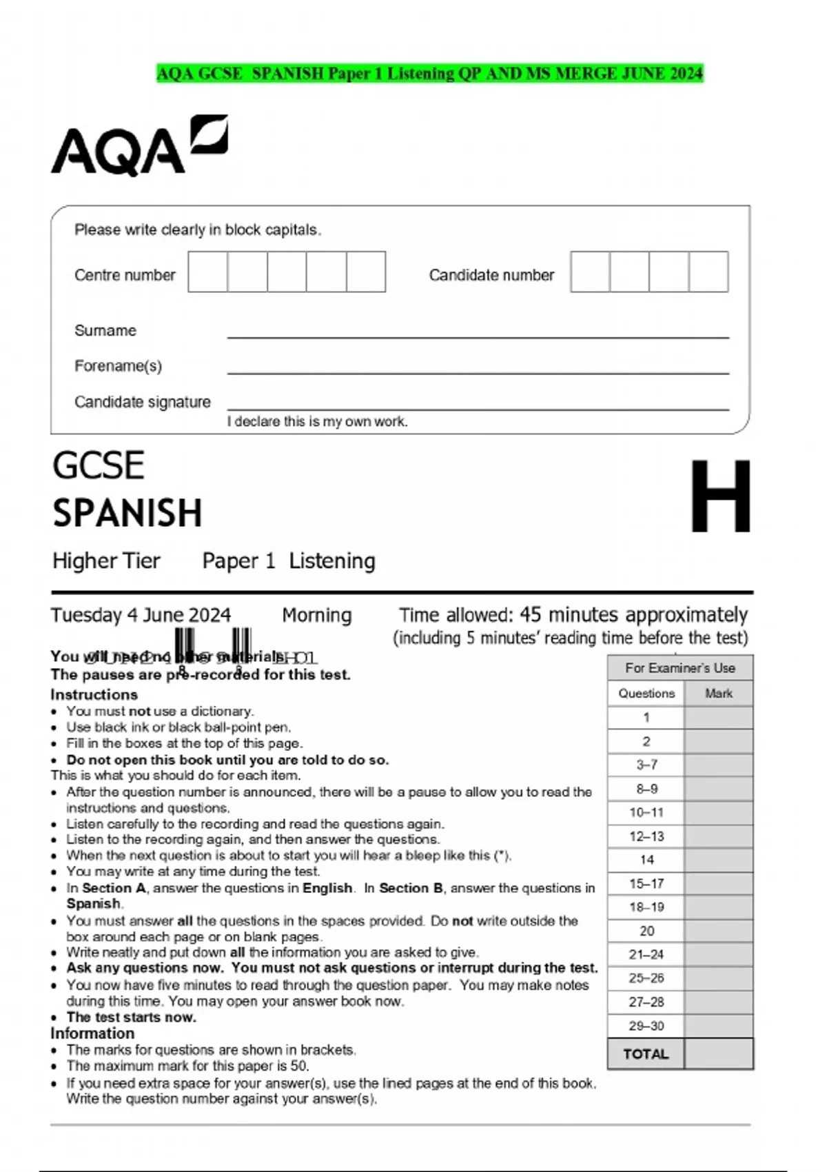AQA GCSE SPANISH Paper 1 Listening QP AND MS MERGE JUNE 2024 - AQA ...