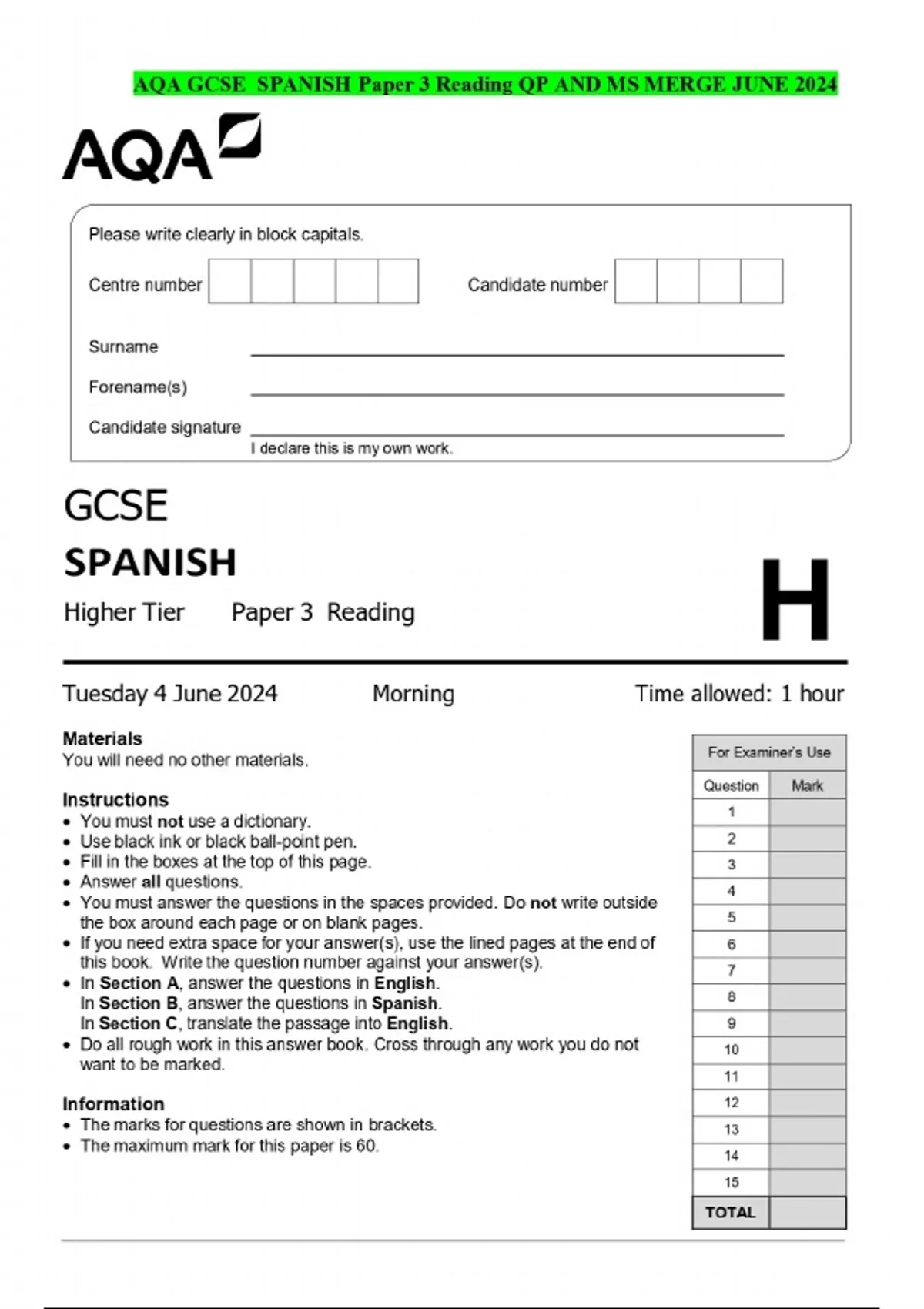 AQA GCSE SPANISH Paper 3 Reading QP AND MS MERGE JUNE 2024 - AQA ...