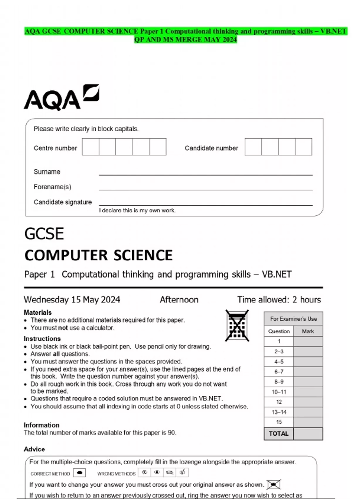 Aqa Gcse Computer Science Paper 1 Computational Thinking And Programming Skills Vbnet Qp And