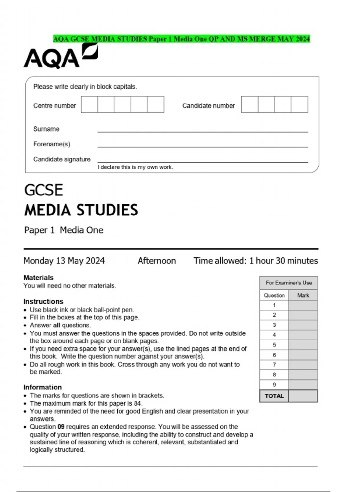 AQA GCSE MEDIA STUDIES QP AND MS MERGE 2024 - Stuvia US