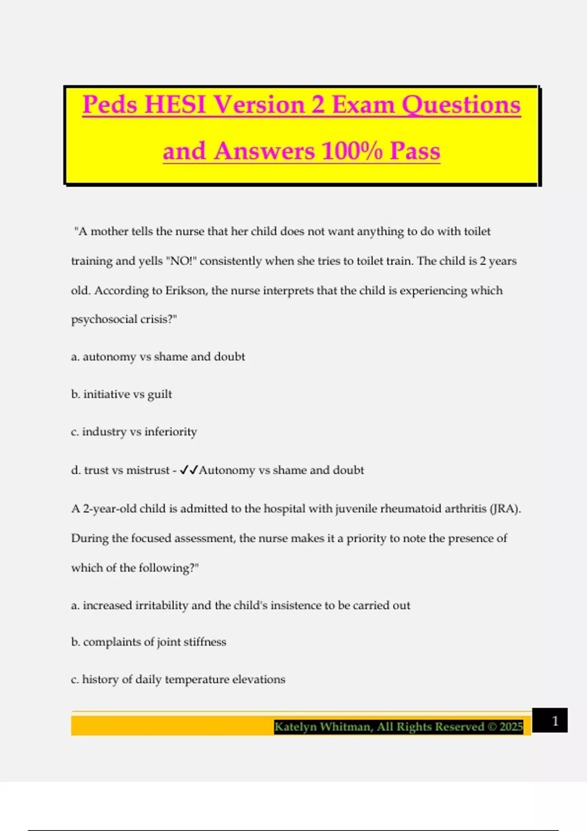 Peds HESI Version 2 Exam Questions and Answers 100% Pass - HESI ...