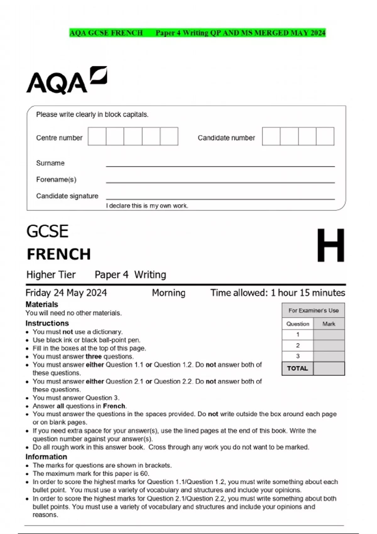 AQA GCSE FRENCH Paper 4 Writing QP AND MS MERGED MAY 2024 - AQA - Stuvia US