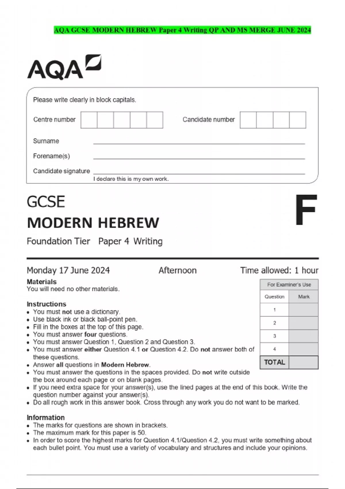 AQA GCSE MODERN HEBREW Paper 4 Writing QP AND MS MERGE JUNE 2024 - AQA ...