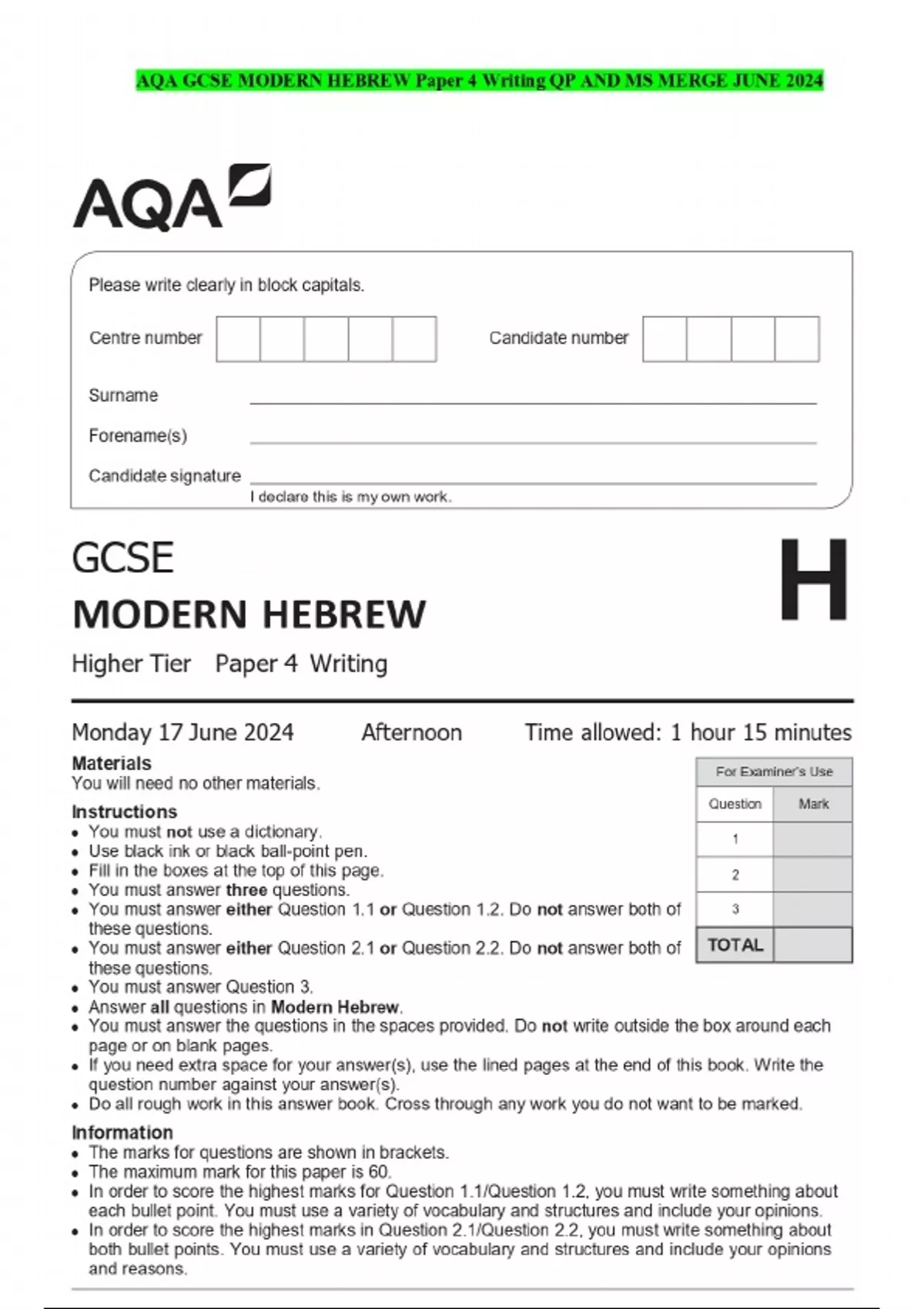 AQA GCSE MODERN HEBREW Paper 4 Writing QP AND MS MERGE JUNE 2024 - AQA ...