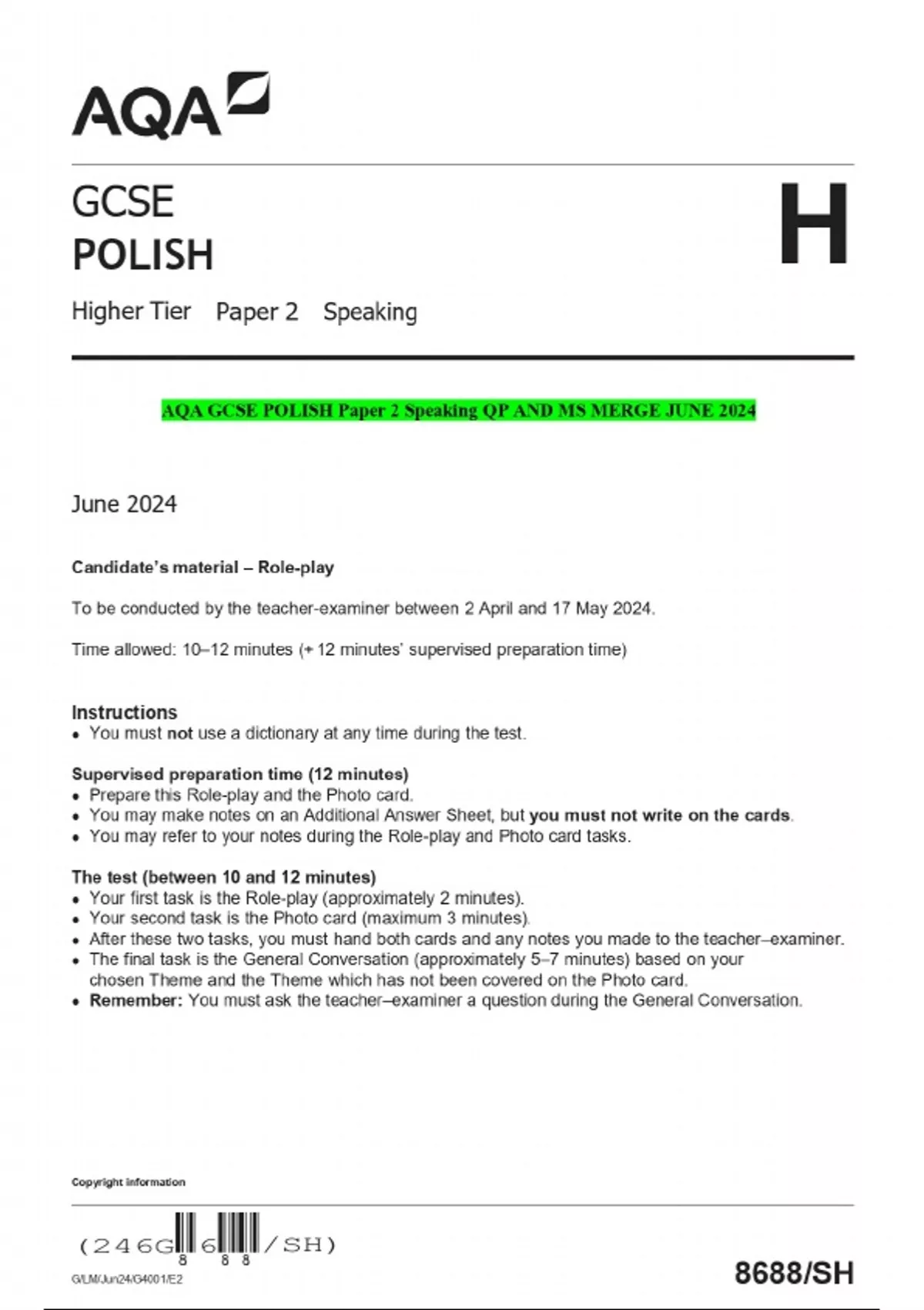 AQA GCSE POLISH Paper 2 Speaking QP AND MS MERGE JUNE 2024 - AQA ...