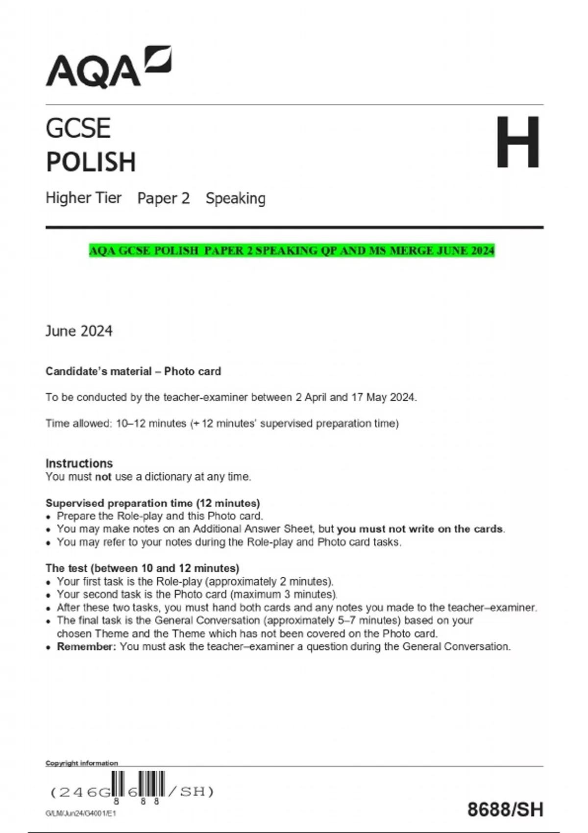 AQA GCSE POLISH PAPER 2 SPEAKING QP AND MS MERGE JUNE 2024 - AQA ...