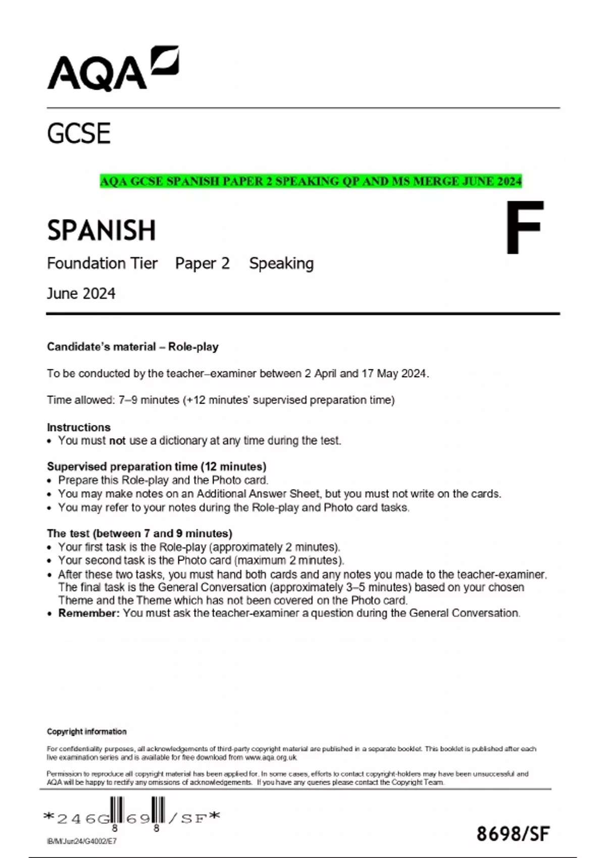AQA GCSE SPANISH PAPER 2 SPEAKING QP AND MS MERGE JUNE 2024 - AQA ...