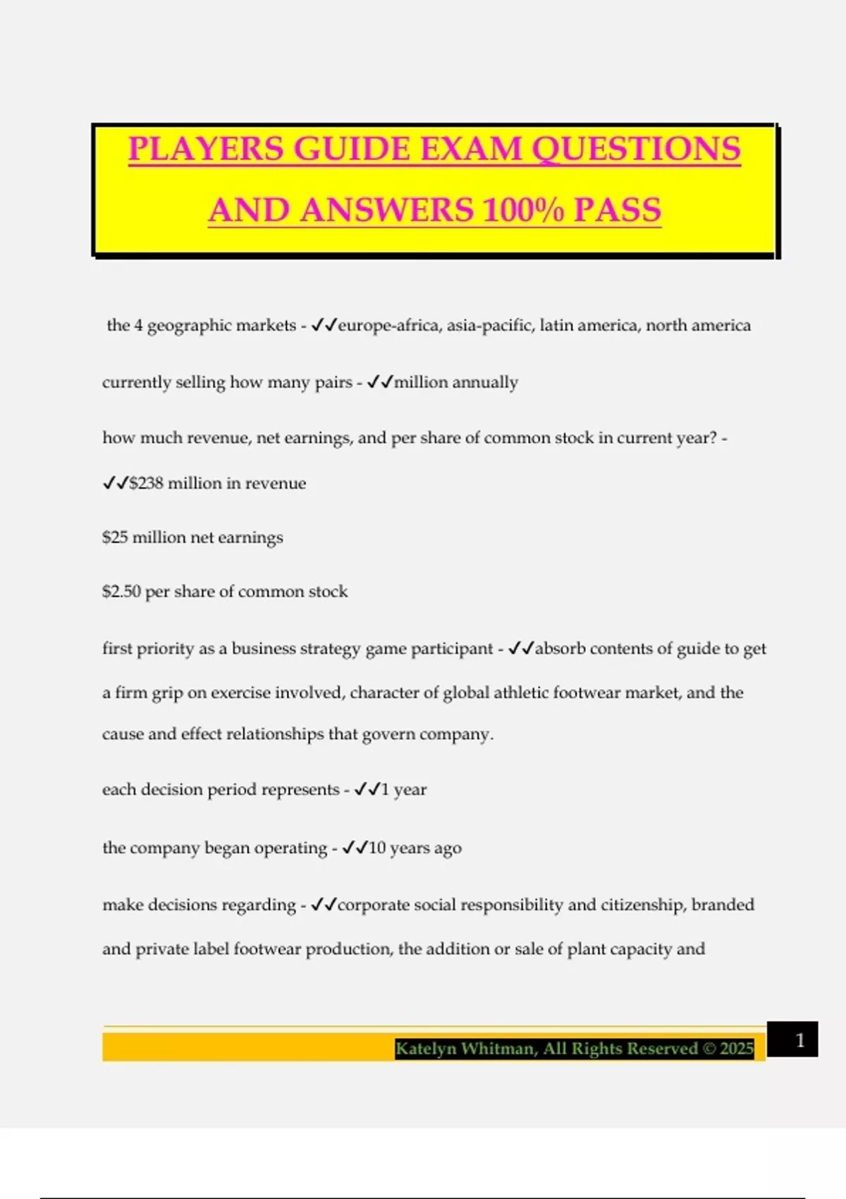 BSG Quiz 1, BSG Quiz 1, Business Strategy Game Quiz 1, BUS 490 BSG ...