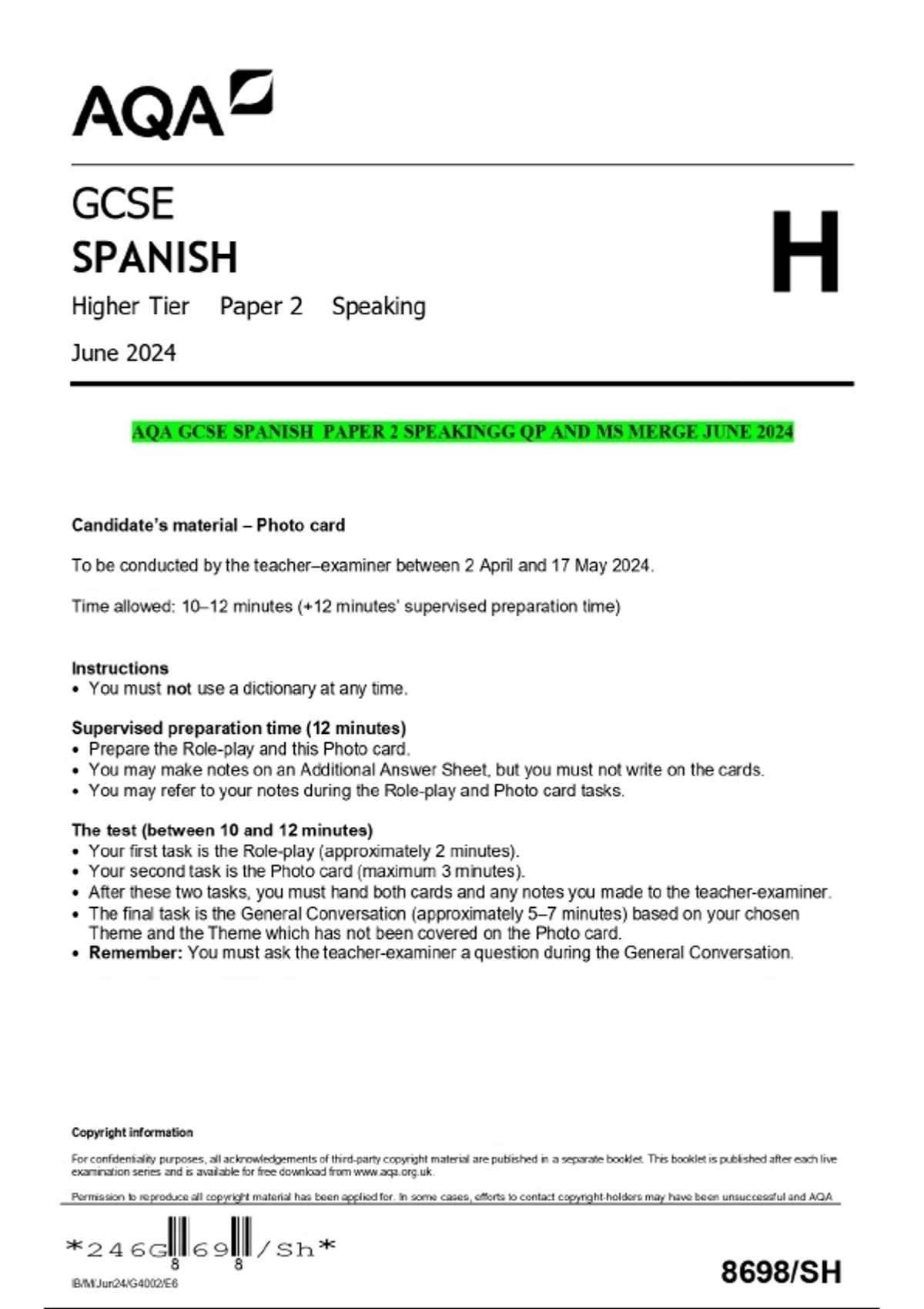 AQA GCSE SPANISH PAPER 2 SPEAKINGG QP AND MS MERGE JUNE 2024 - AQA ...