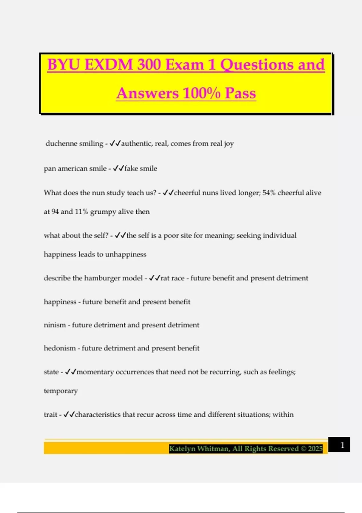 BYU EXDM 300 Exam 1 Questions and Answers 100% Pass - BYU - Stuvia US