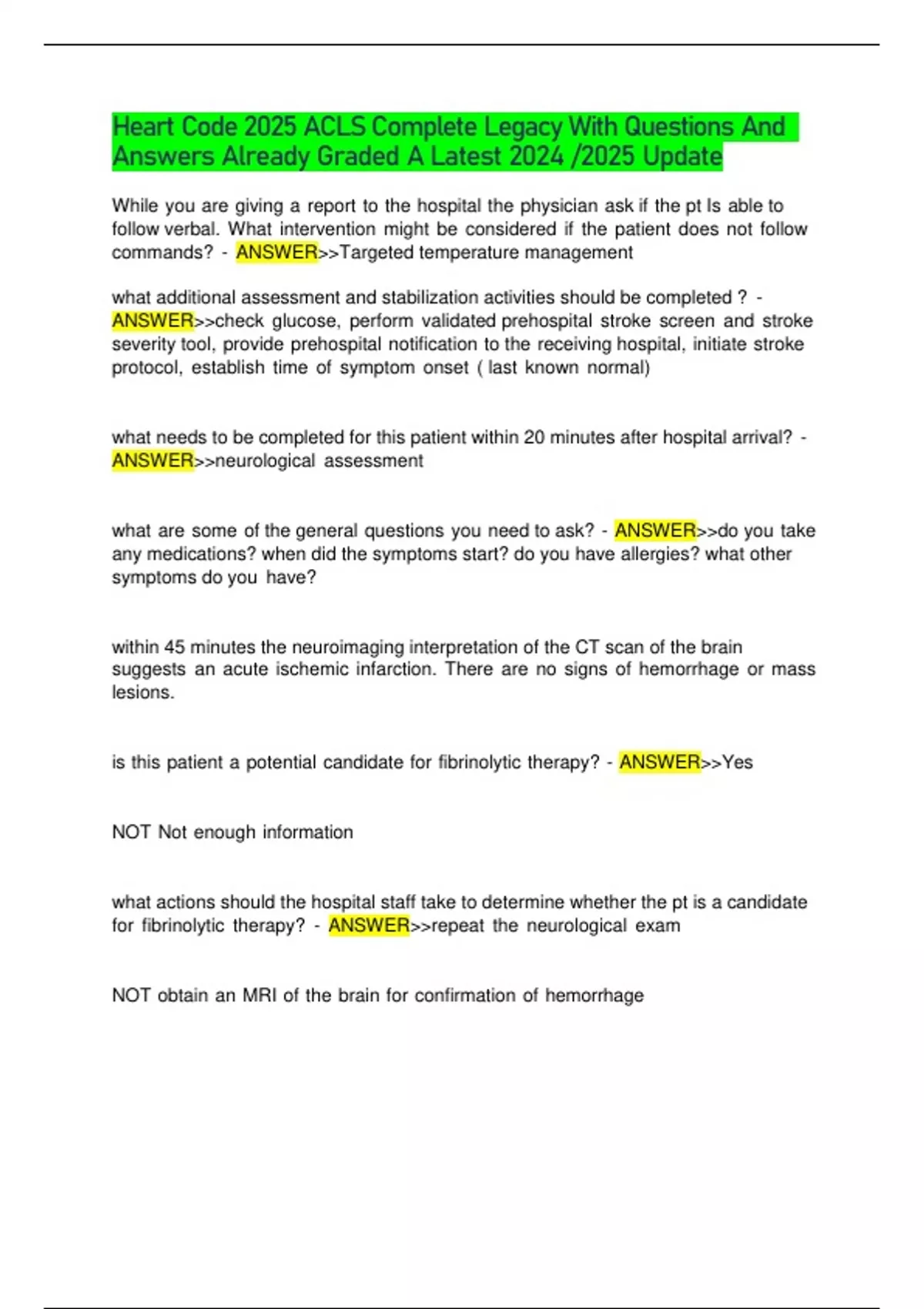 Heart Code 2025 ACLS Complete Legacy With Questions And Answers Already ...