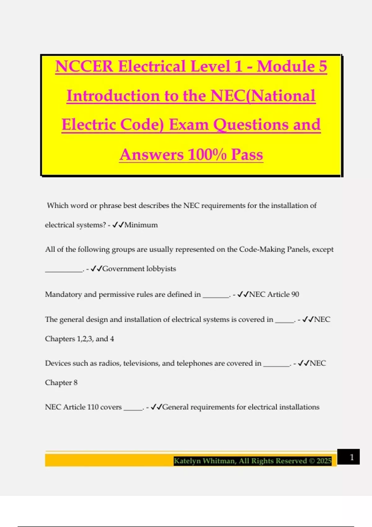 NCCER Electrical Level 1 - Module 5 Introduction to the NEC(National Electric Code) Exam ...