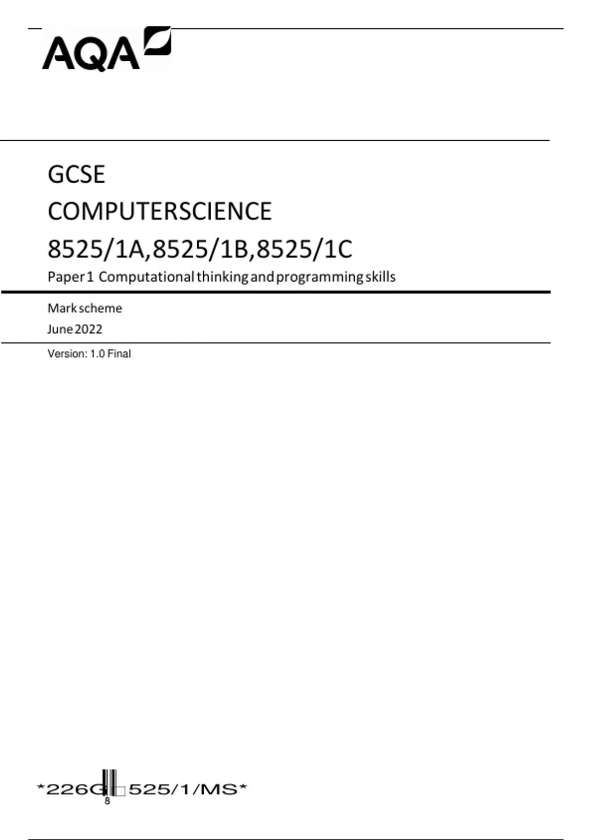 Aqa Gcse Computer Science 85251a 85251b 85251c Paper 1 Computational Thinking And Programming