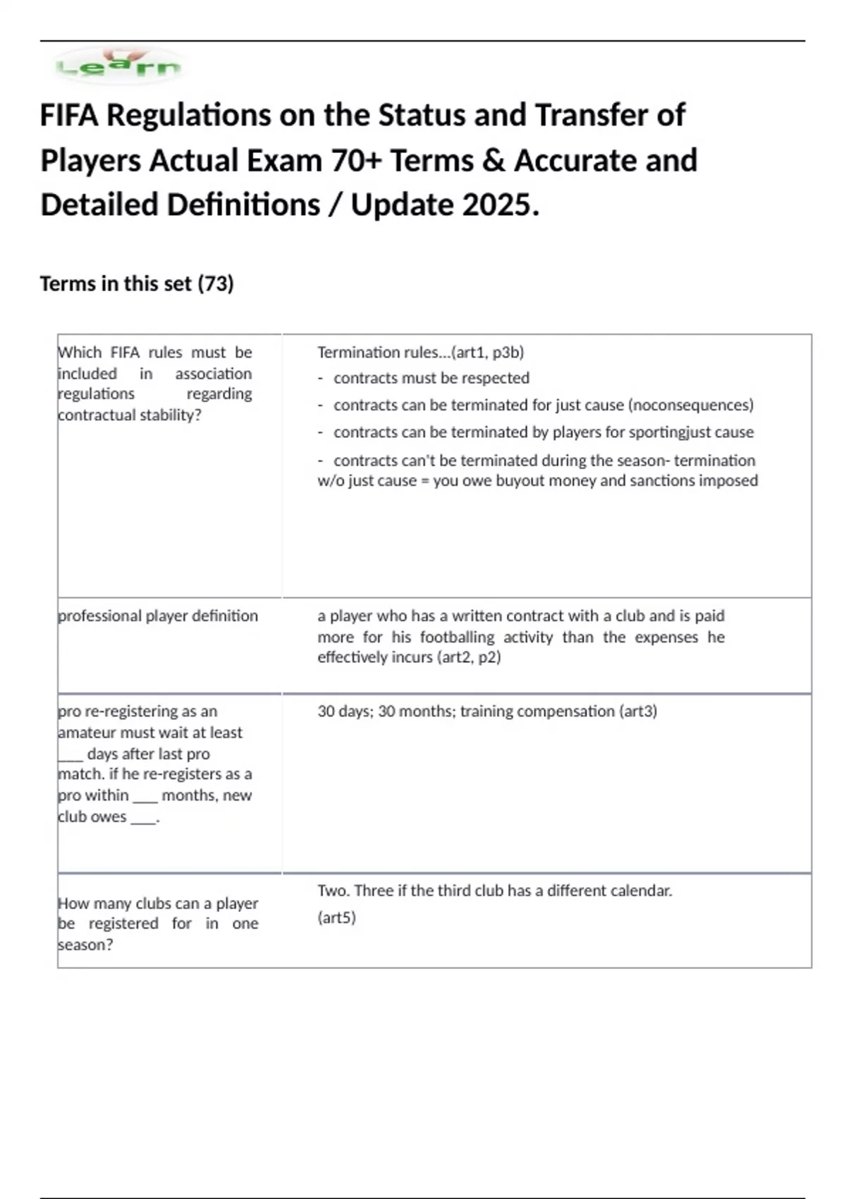 FIFA Regulations on the Status and Transfer of Players Actual Exam 70 ...
