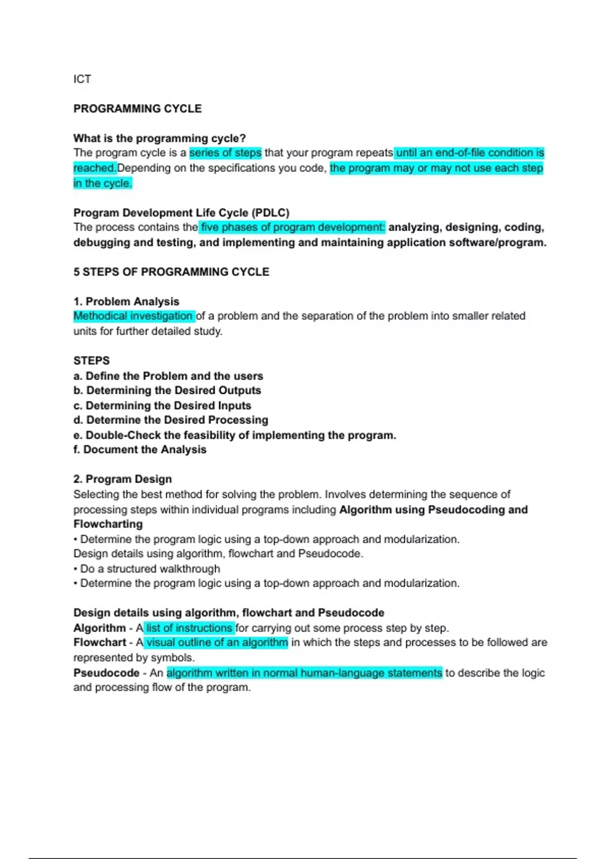 Summary Ict Programming Cycle Algorithm Pseudocode Flowchart Ict Stuvia Us