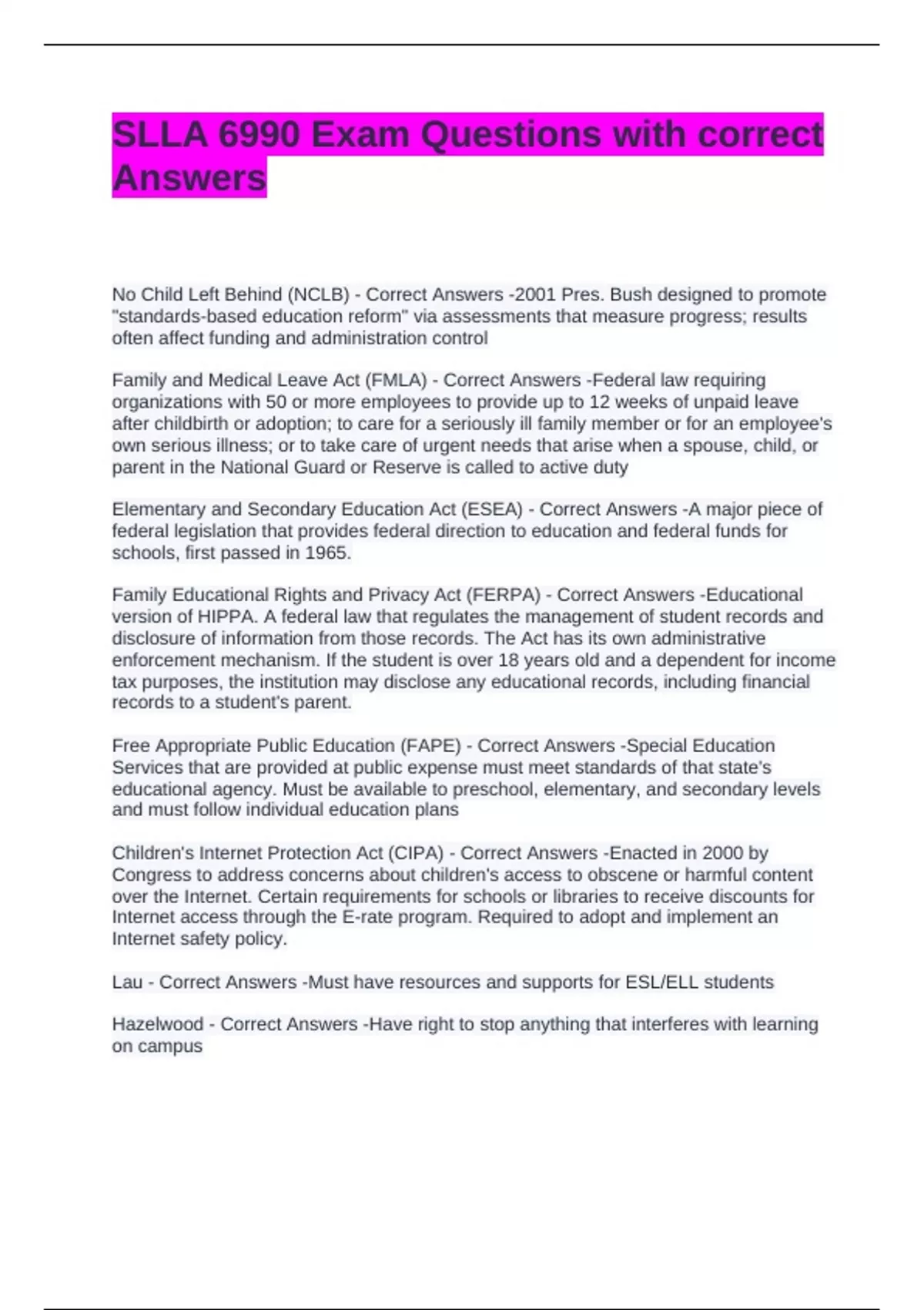 SLLA 6990 Exam Questions with correct Answers - SLLA 6990 - Stuvia US