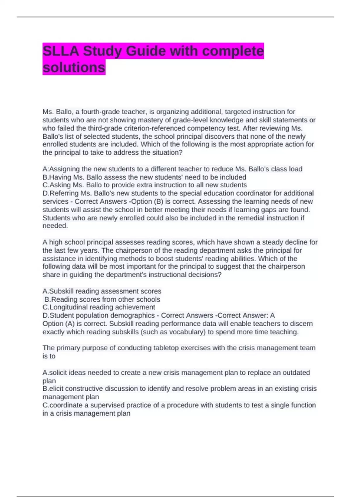 SLLA Standards 1 and 2 Questions with correct Answers - SLLA - Stuvia US