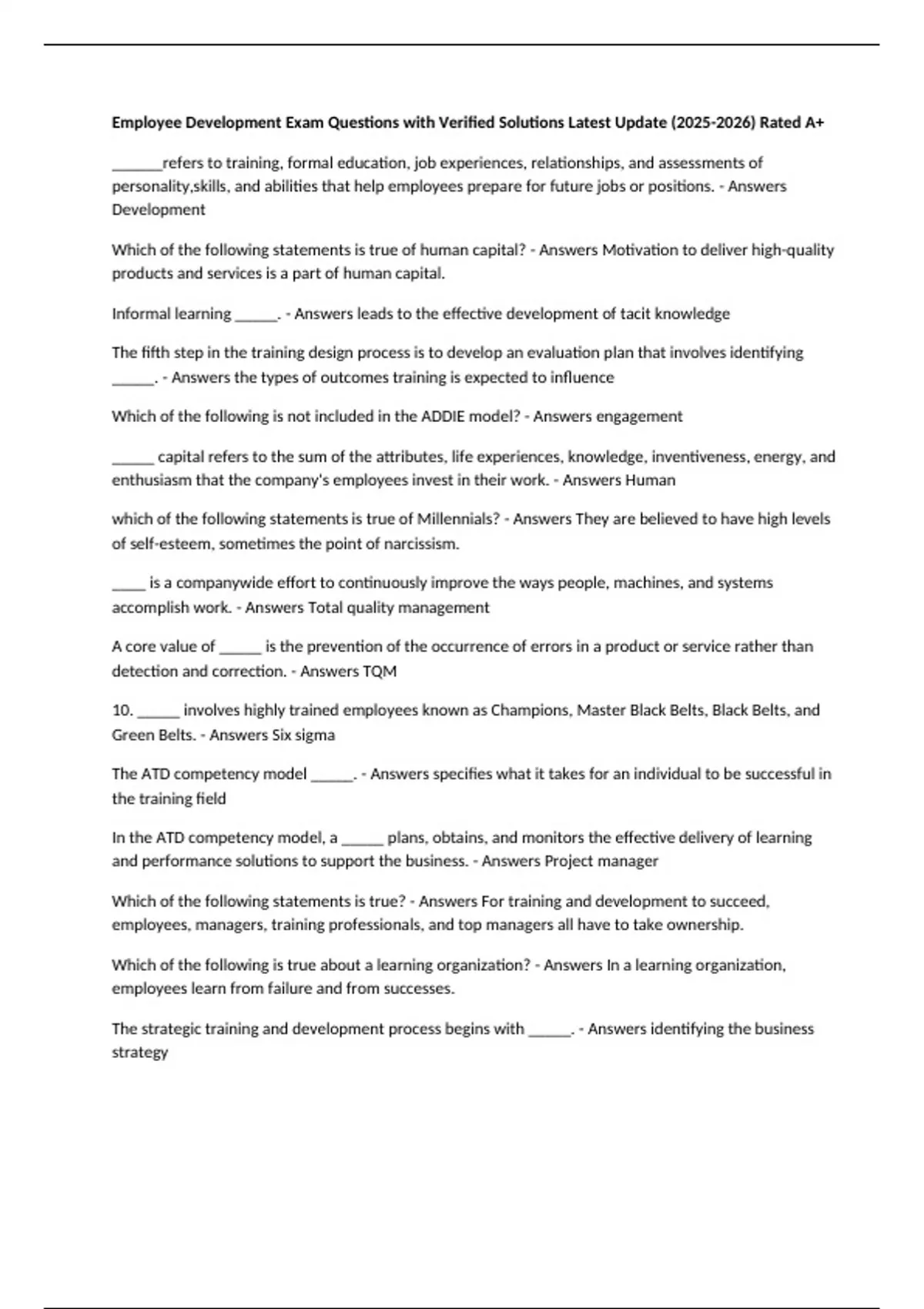 Employee Development Exam Questions with Verified Solutions Latest ...