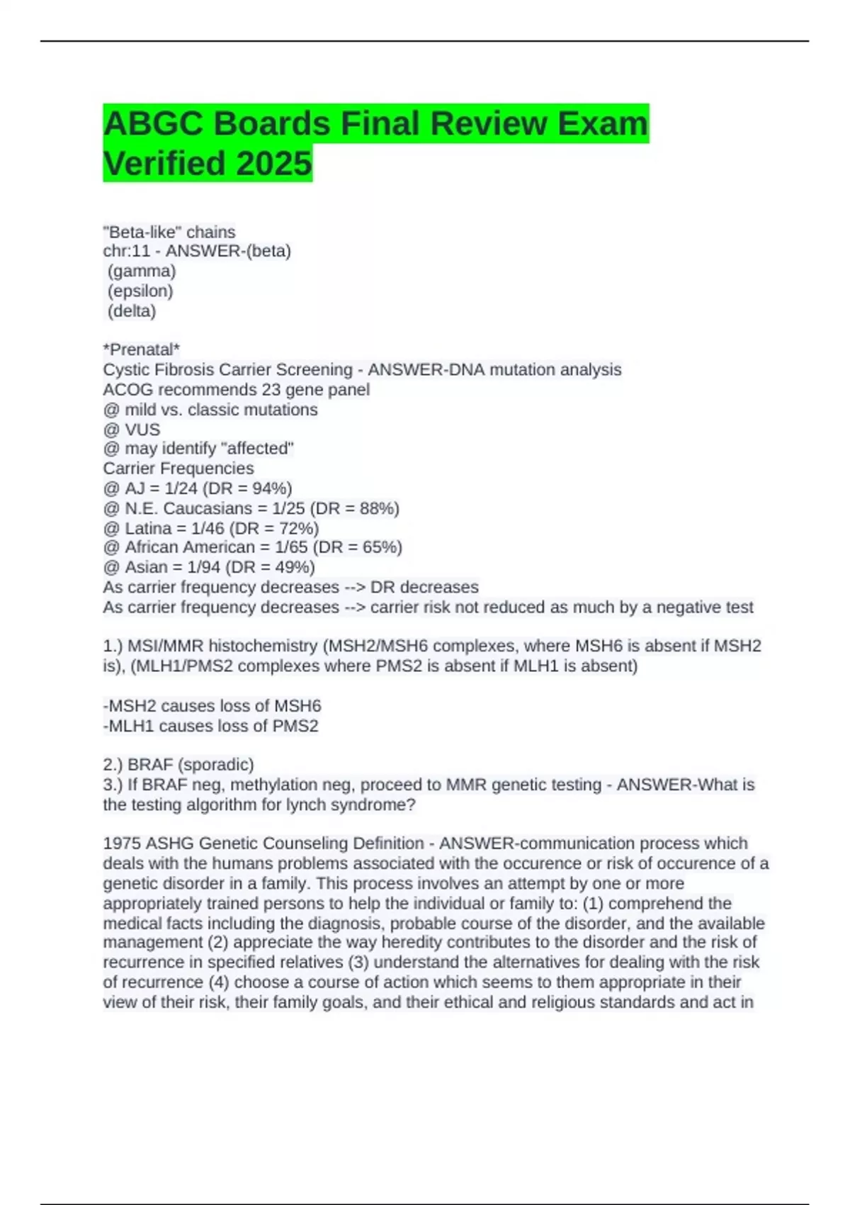 ABGC Boards Final Review Exam Verified 2025 - ABGC - Stuvia US